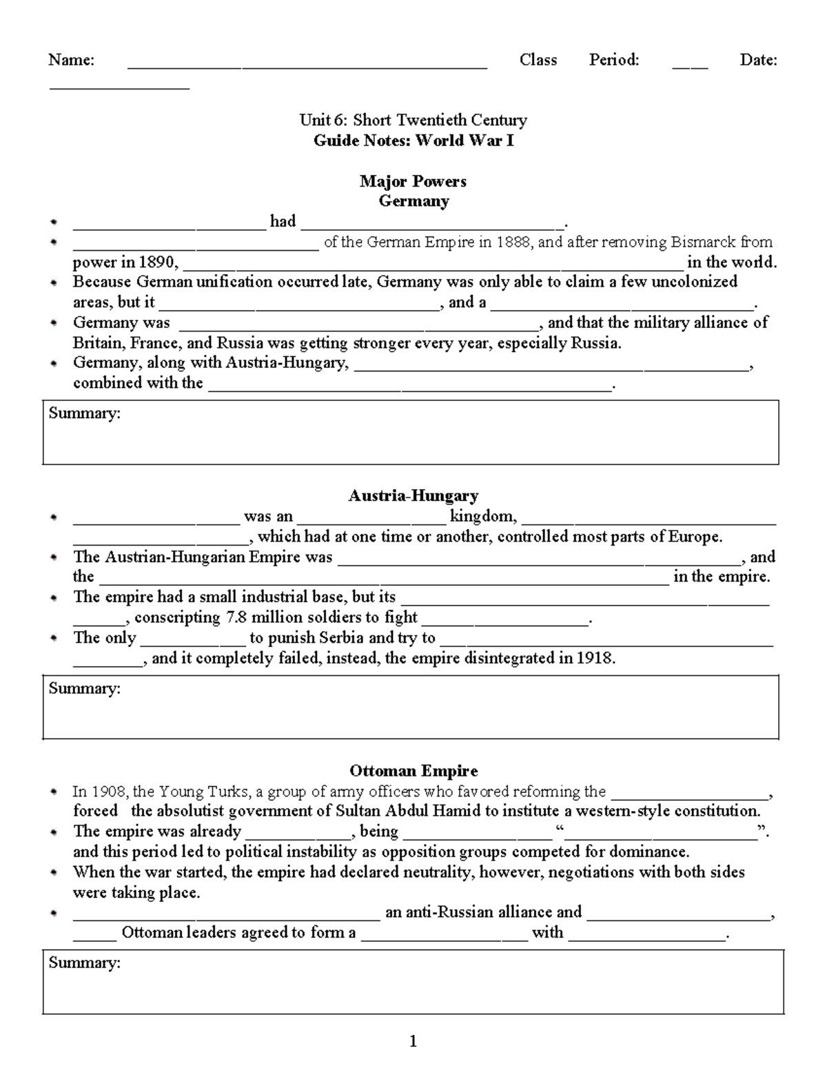 Guided Notes - World War I - Name ...