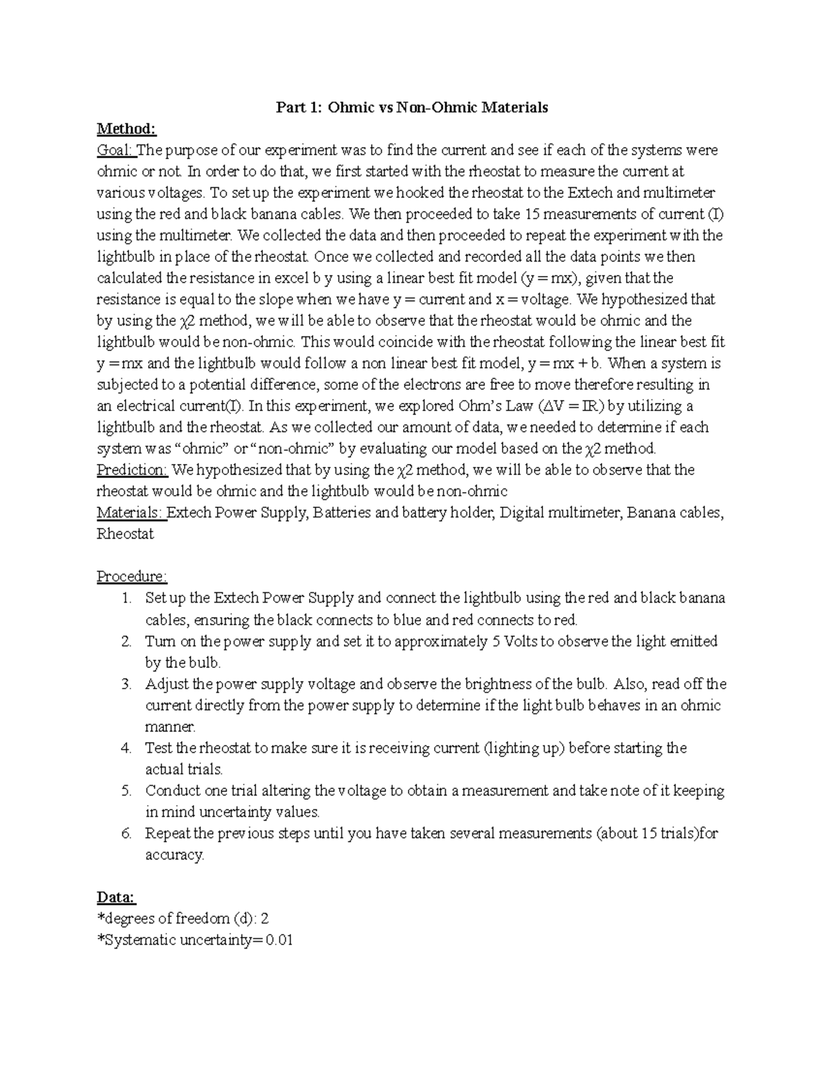 Lab 5 Resistance to Linear Fitting - Part 1: Ohmic vs Non-Ohmic ...