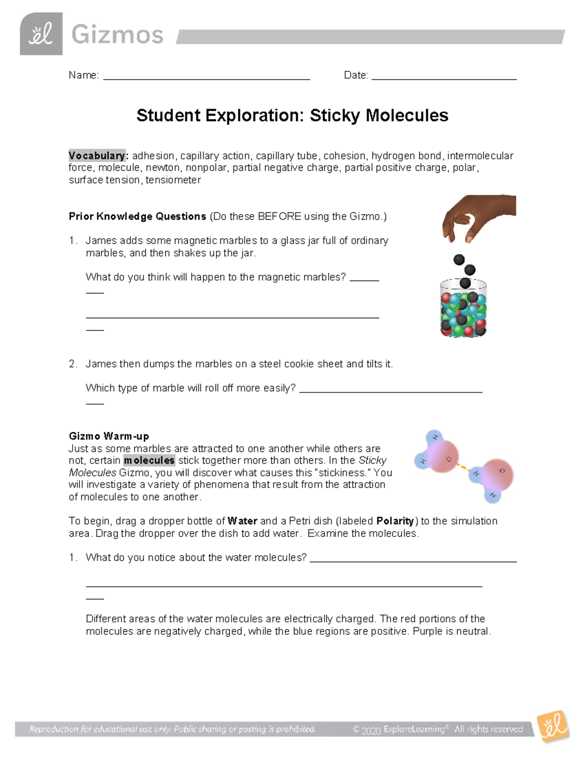 Sticky Molecules SE - idk - Name: Date: Student Exploration: Sticky ...