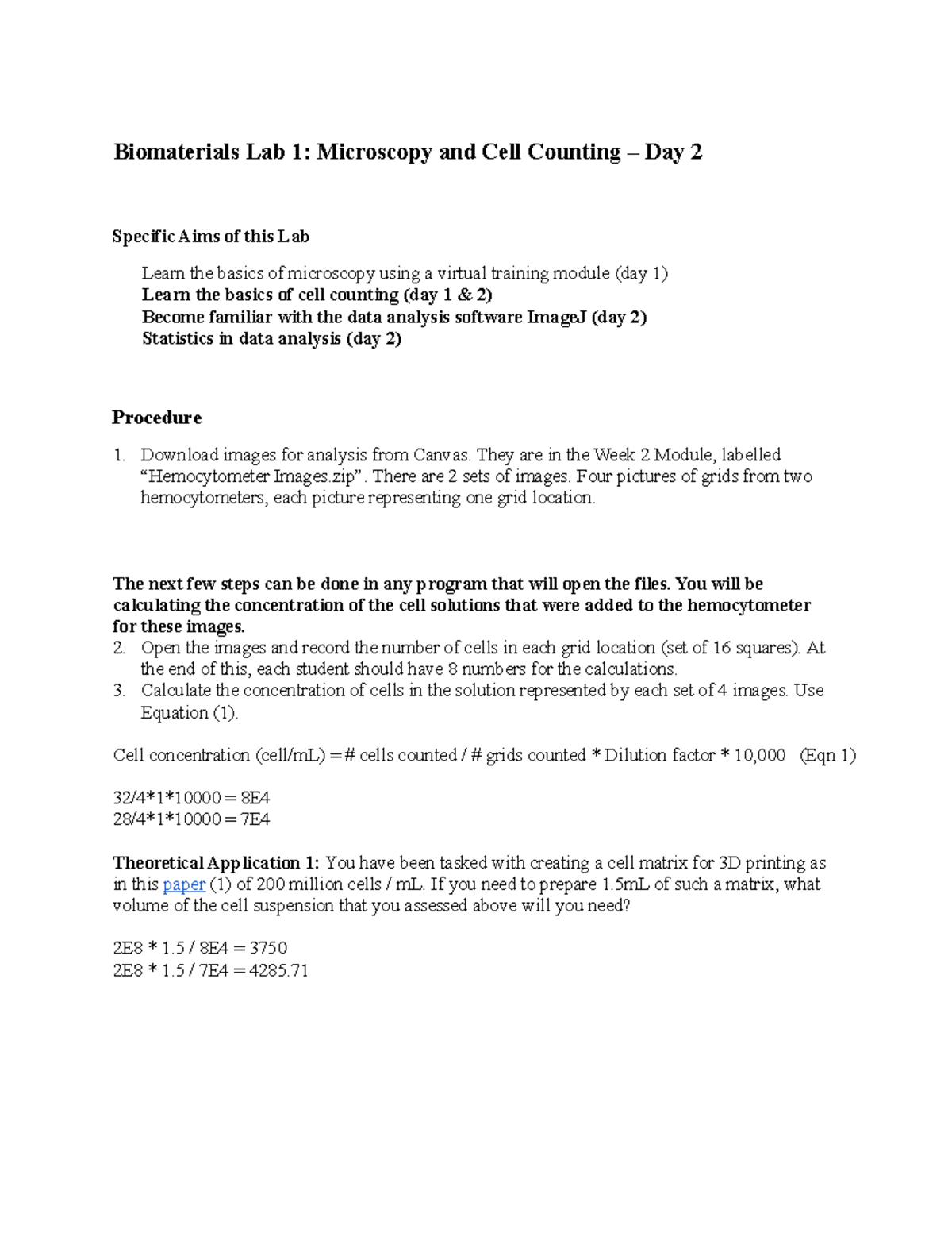 BIOE 3102 lab 1 will - Lab - Biomaterials Lab 1: Microscopy and Cell ...