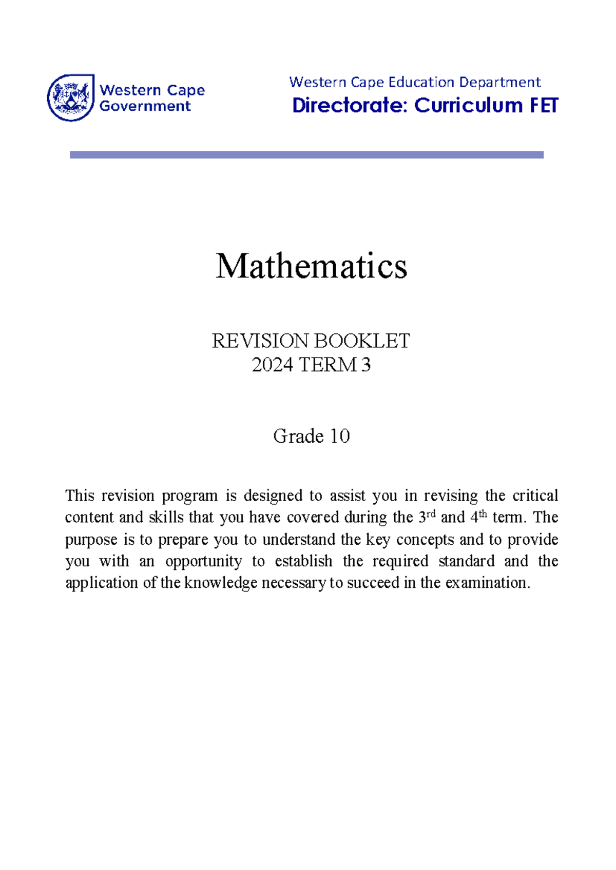 2024 Grade 10 Term 3 Revision Material final memo - Western Cape ...
