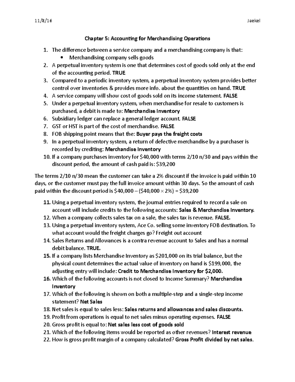 Chapter 5 Accounting Review - 11/8/16 Jaekel Chapter 5: Accounting for ...