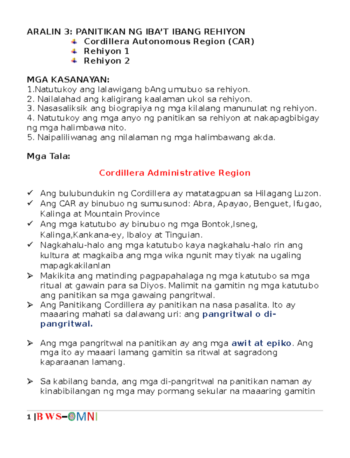 Module 3 - ARALIN 3: PANITIKAN NG IBA’T IBANG REHIYON Cordillera ...