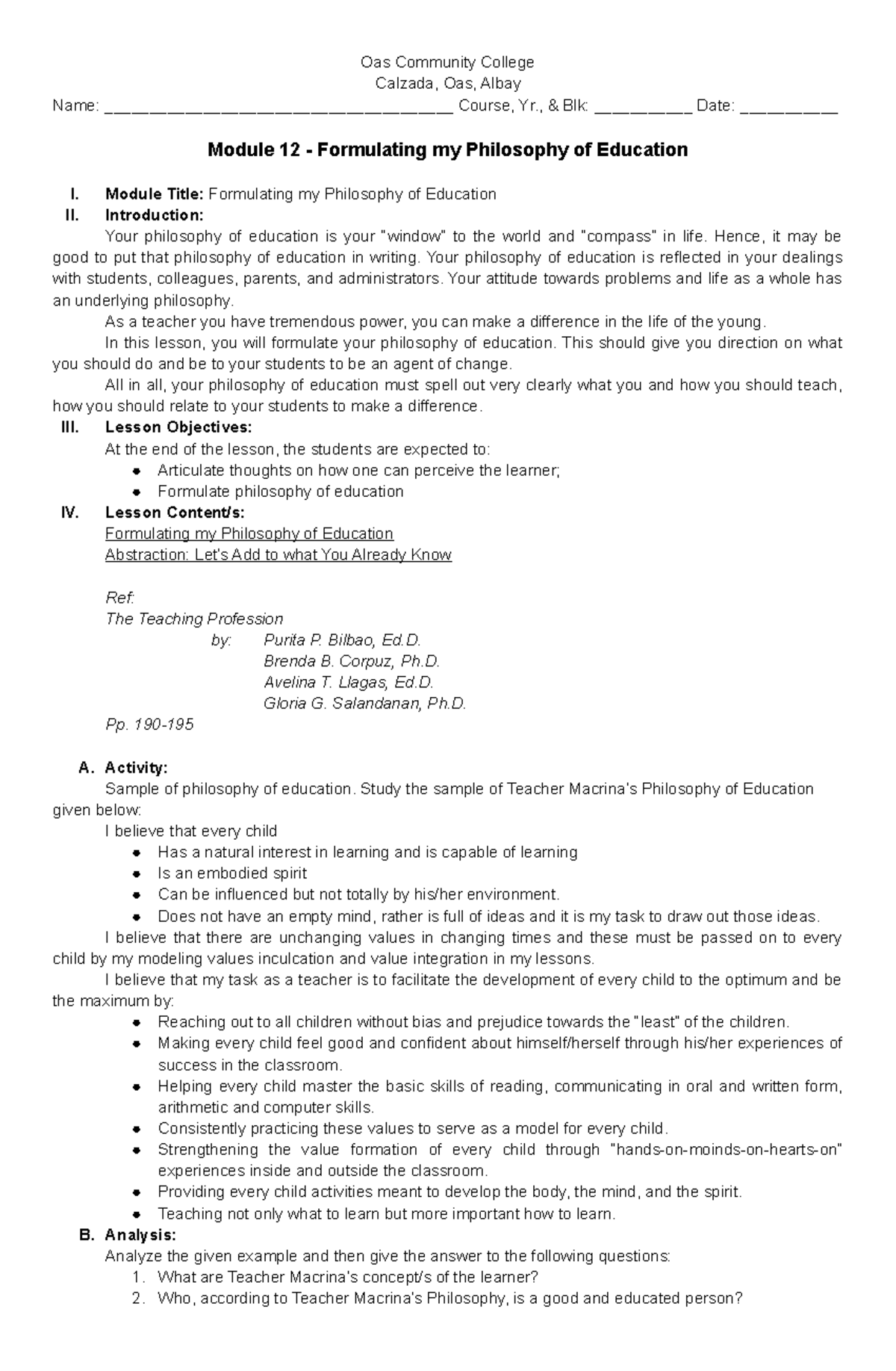 Teaching Profession Module 12 Formulating My Philosophy Of Education