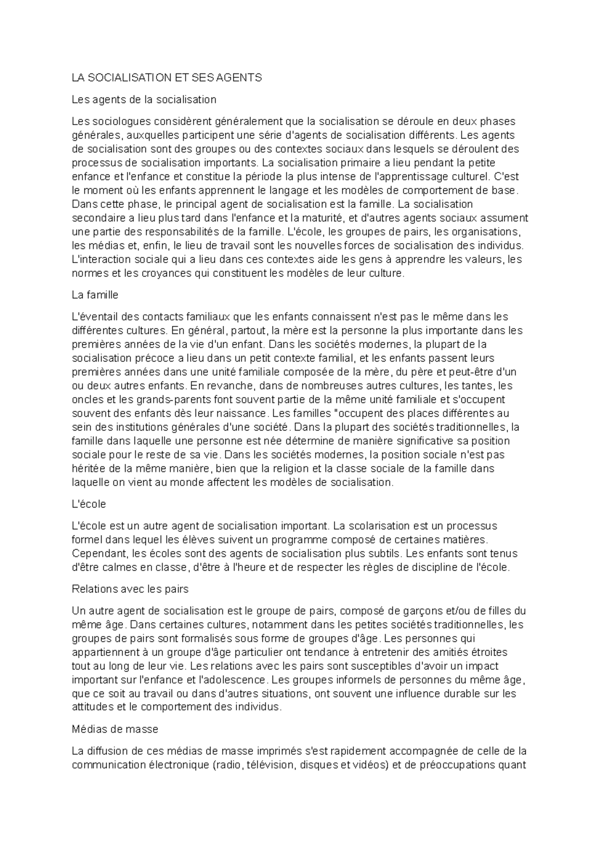LA Socialisation ET SES Agents - LA SOCIALISATION ET SES AGENTS Les ...