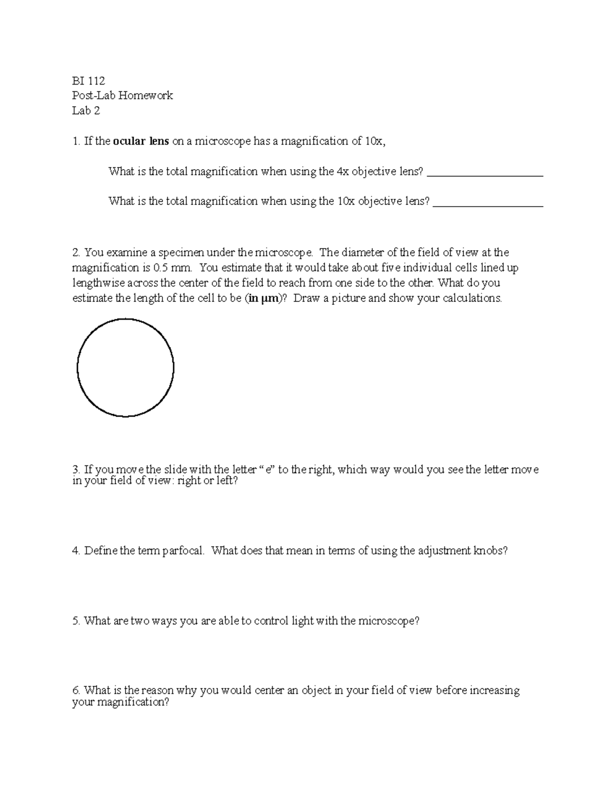 BI 112 Lab Homework 2 - Lab exercises for learning about light ...