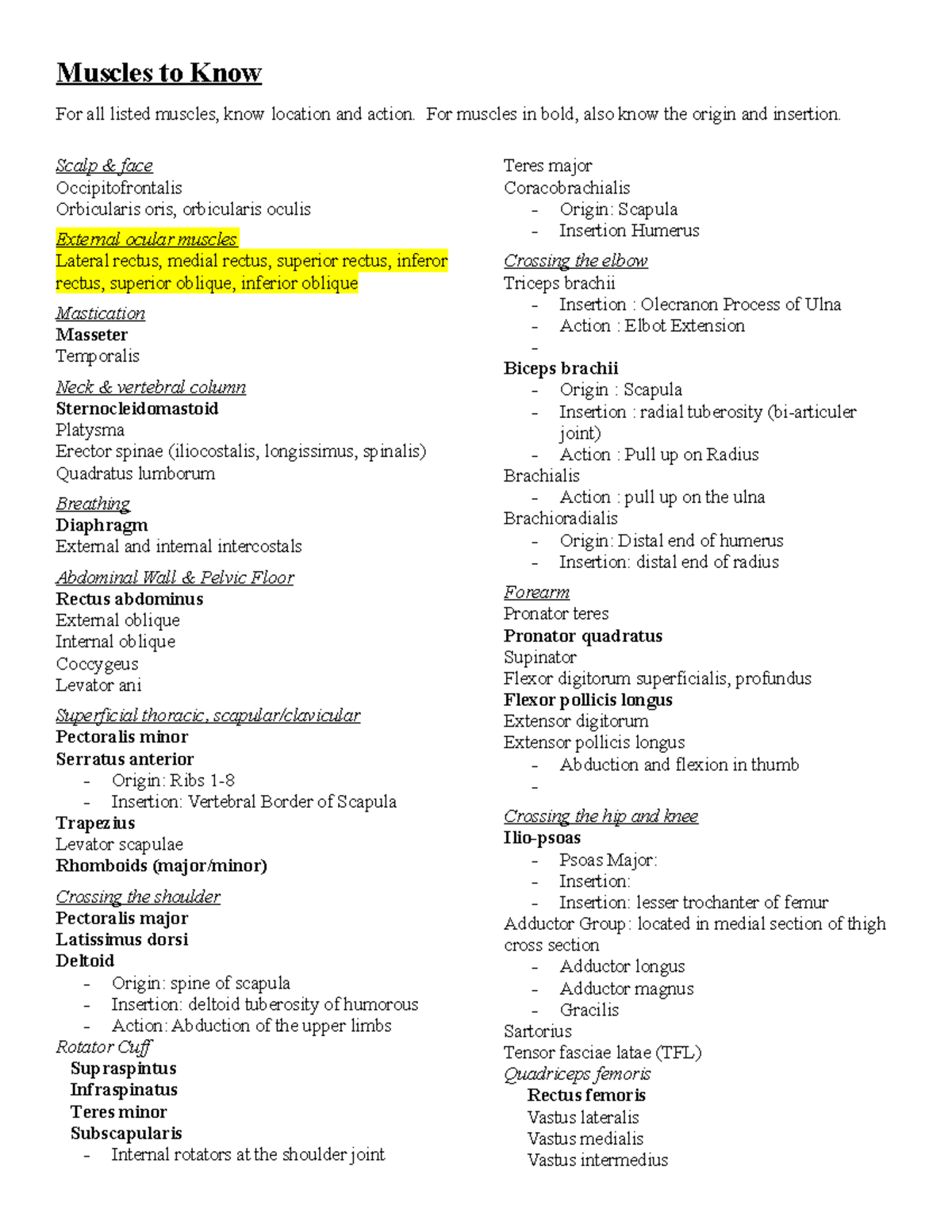 Ch 10 List of Muscles to Know - Muscles to Know For all listed muscles ...