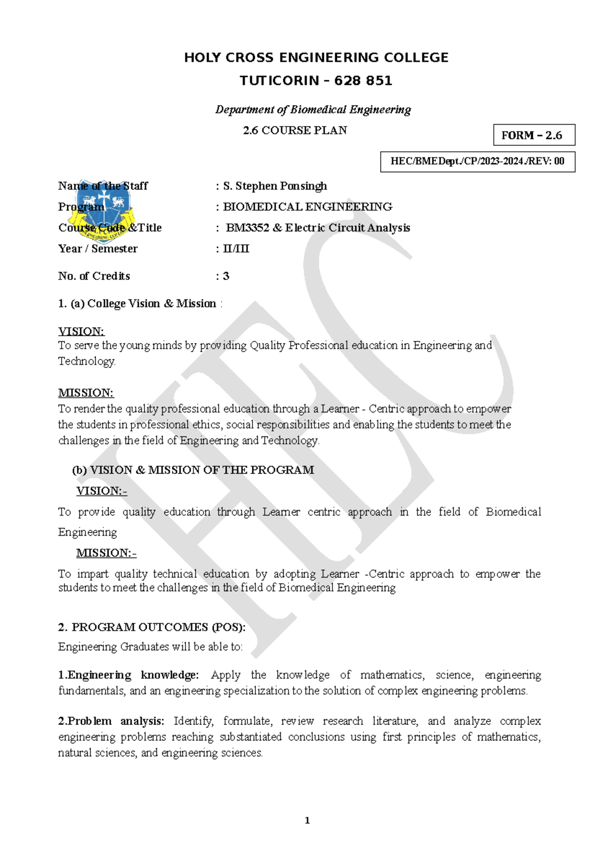 ECA - Course Plan - sfdsaf - HOLY CROSS ENGINEERING COLLEGE TUTICORIN ...