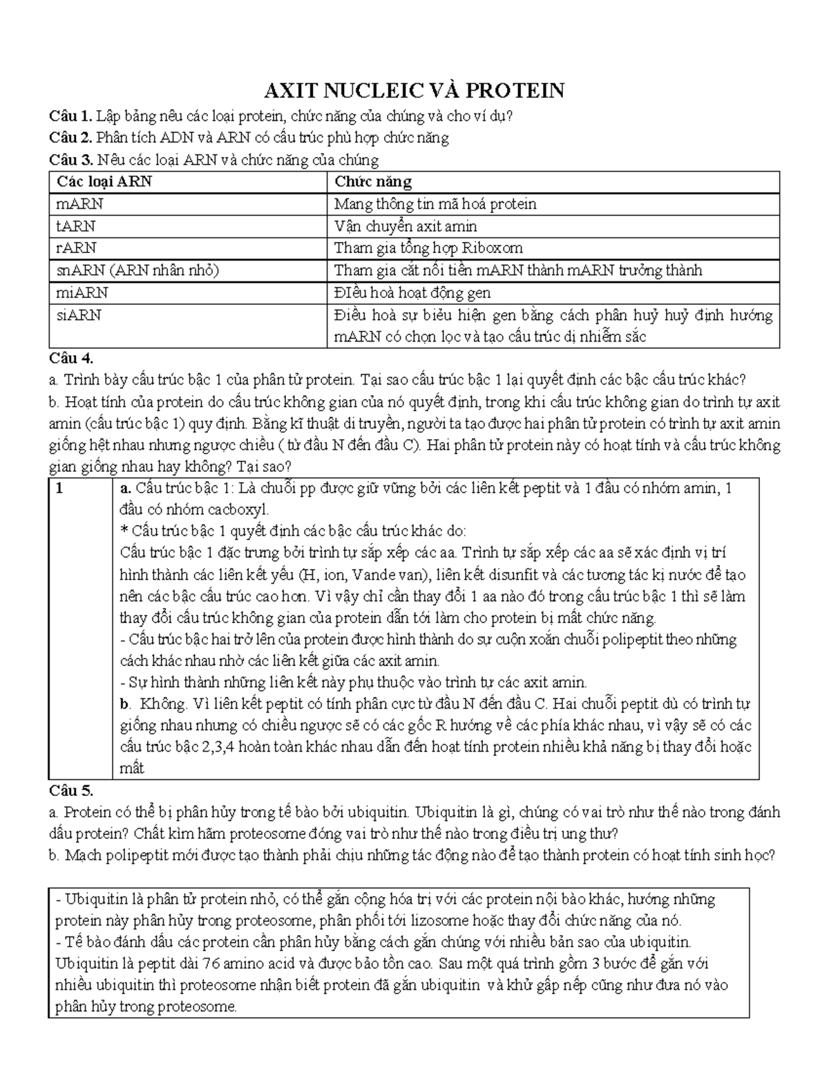 Axitnucleic VÀ Protein ĐA - AXIT NUCLEIC VÀ PROTEIN Câu 1. L¿p b¿ng nêu ...