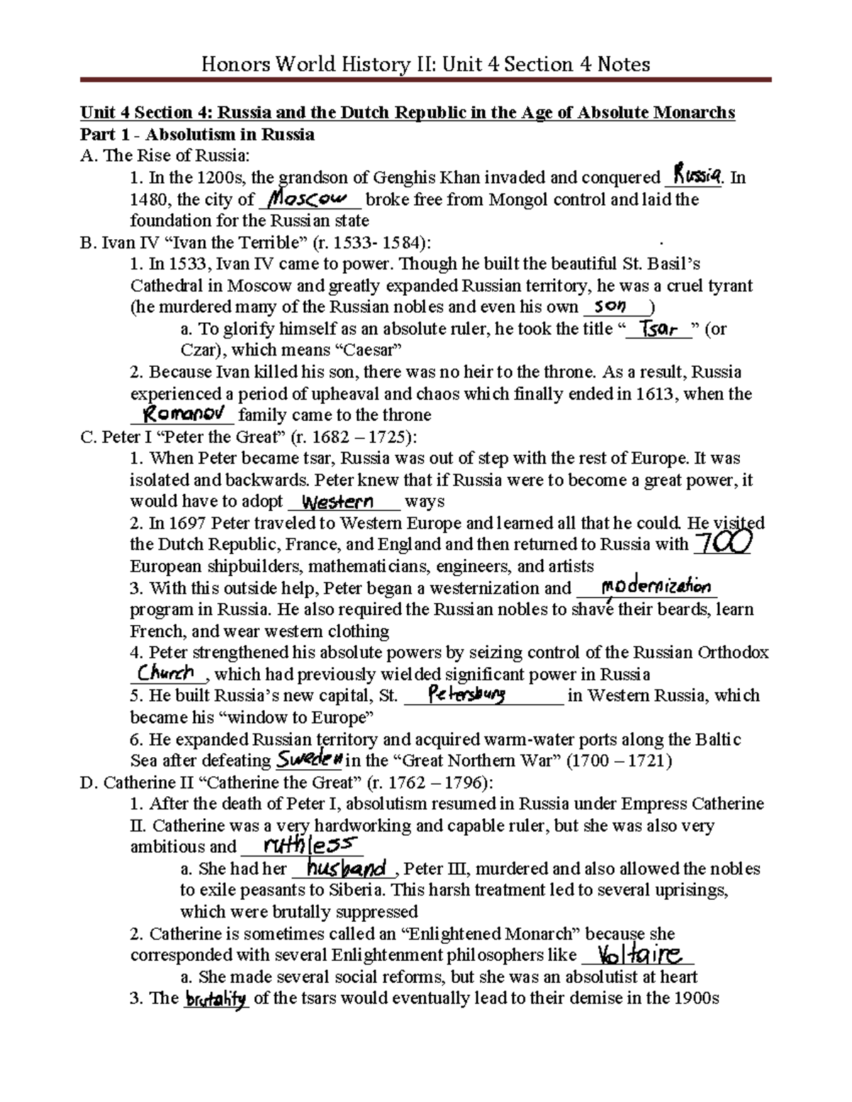 4.4 Fill in the Blank Notes - Honors World History II: Unit 4 Section 4 ...