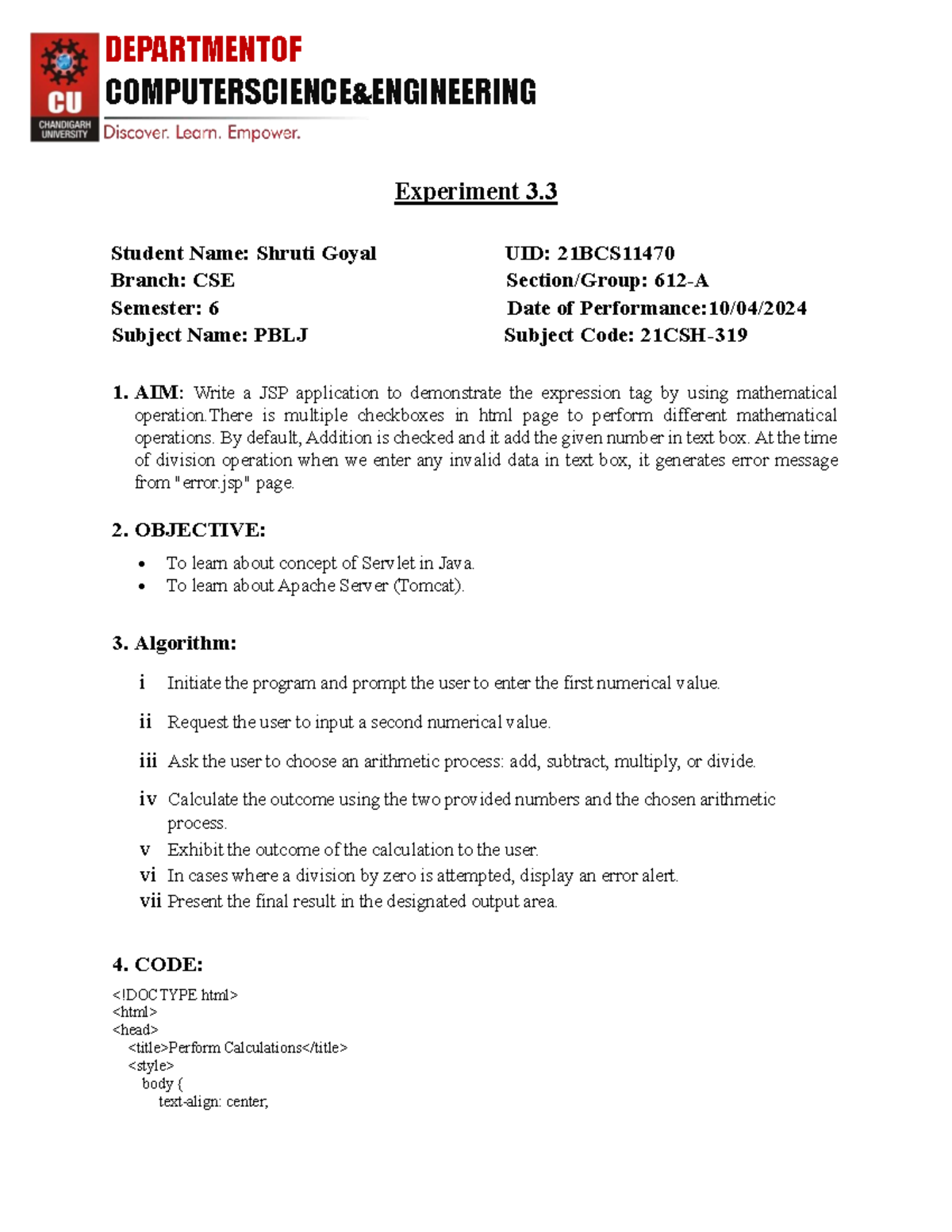 JAVA-3 - DEPARTMENTOF COMPUTERSCIENCE&ENGINEERING Experiment 3. Student ...