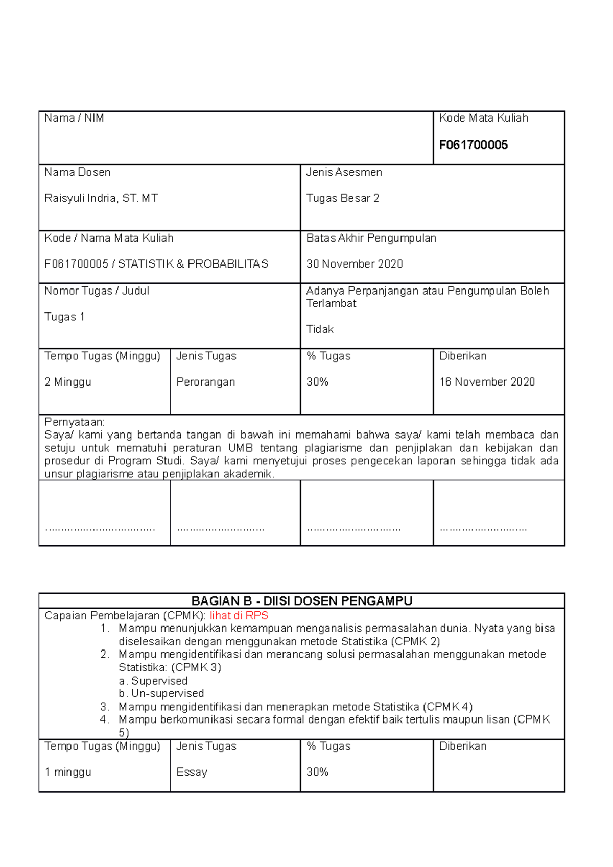 Stat prob tgs dua - Stat prob tgs dua - Nama / NIM Kode Mata Kuliah F Nama Dosen Raisyuli Indria ...