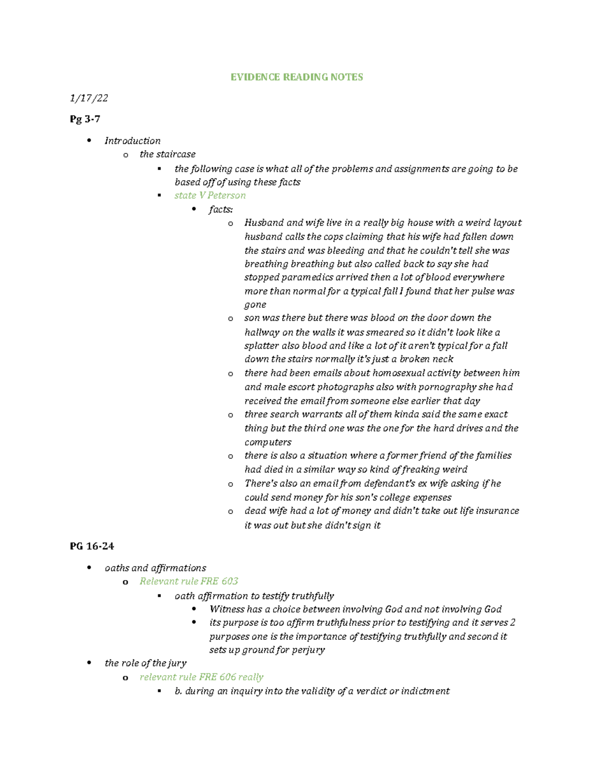 Evidence Reading Notes - EVIDENCE READING NOTES 1/17/ Pg 3 ...