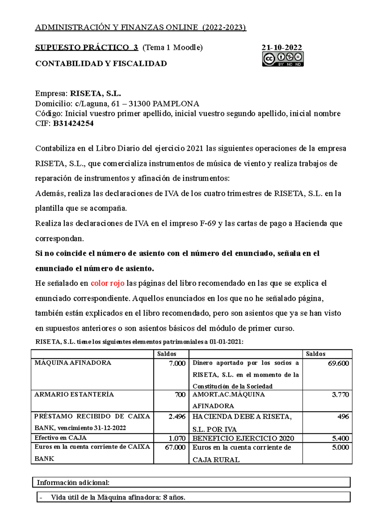 Supuesto Práctico 3 Riseta SL 21 10 2022 - ADMINISTRACIÓN Y FINANZAS ...