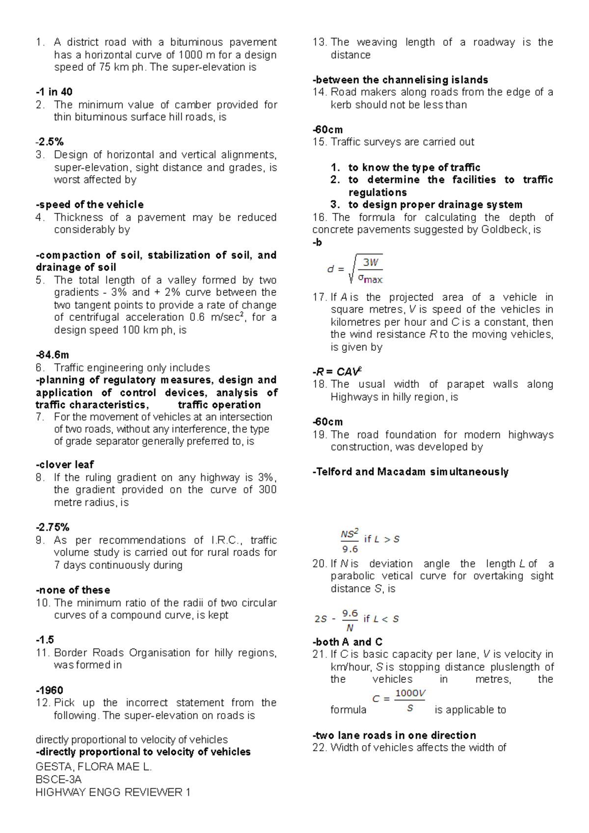 Hre Tun Anan Reviewer In Hre A District Road With A Bituminous Pavement Has A Horizontal