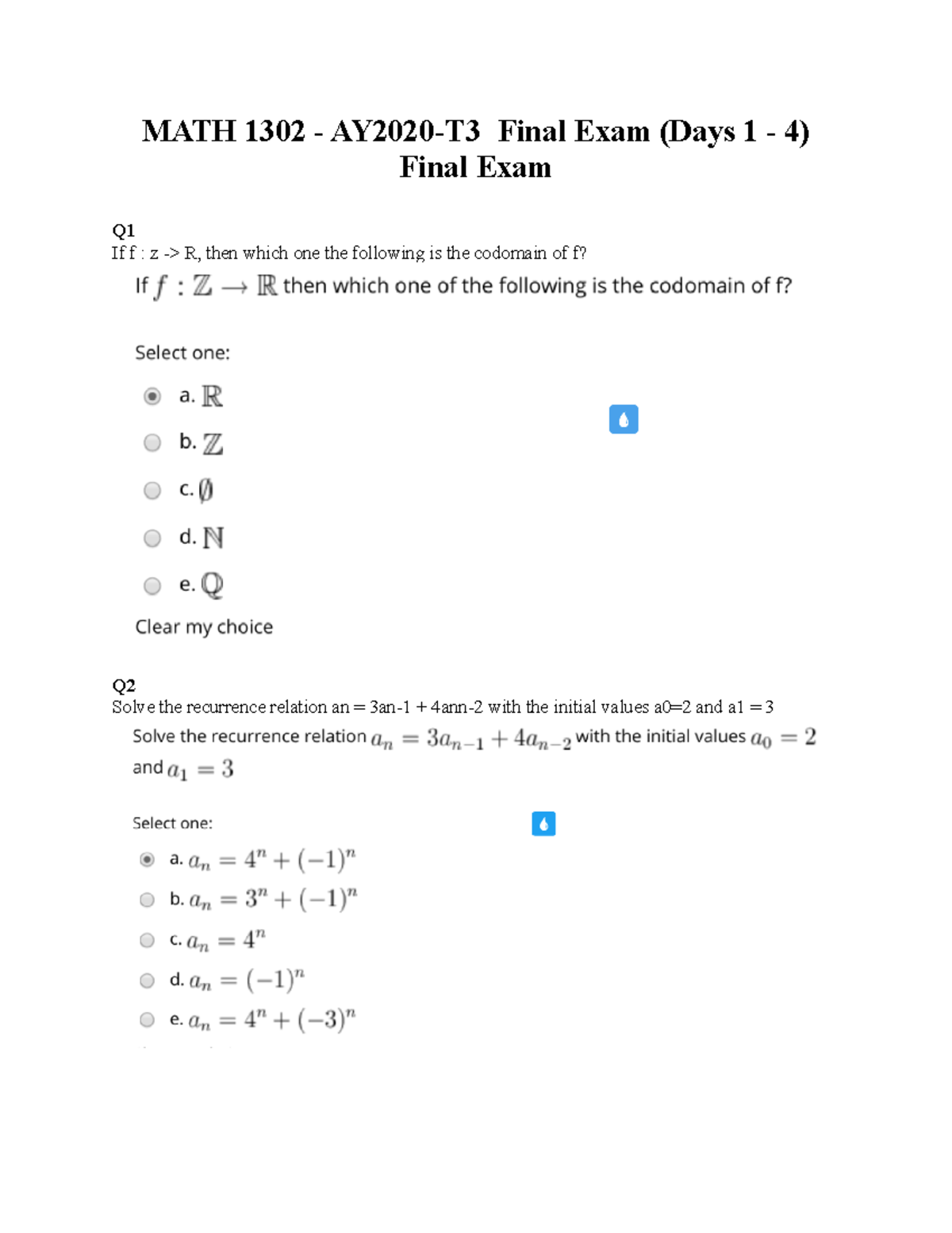 MATH 1302 - AY2020-T3 Final Exam (Days 1 - 4) Final Exam - ..... Q What ...