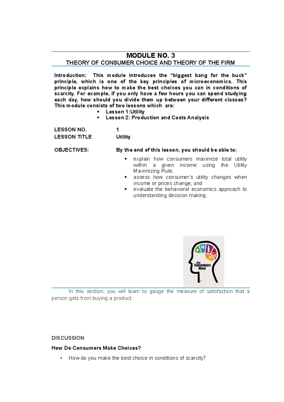 Economics - Module-3 - MODULE NO. 3 THEORY OF CONSUMER CHOICE AND ...