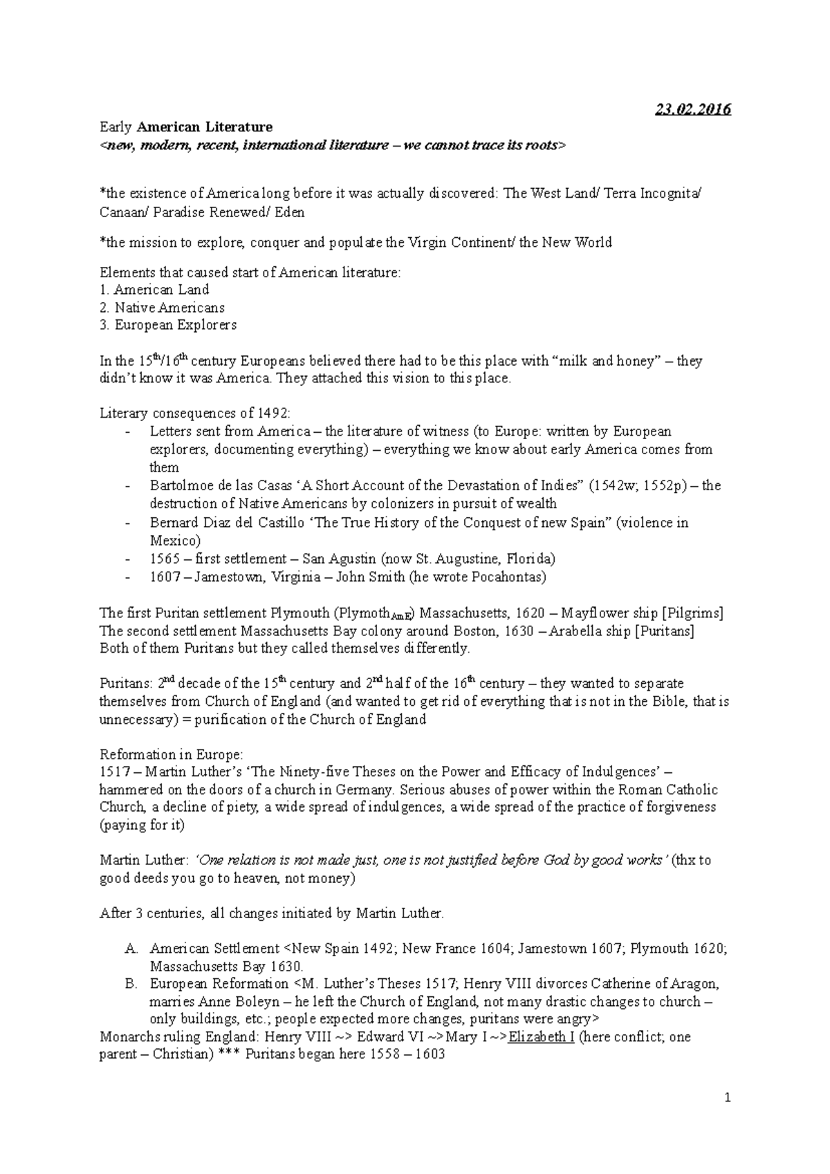 HIST LIT AM - Notatki z wykładu all lectures - 23. Early American ...