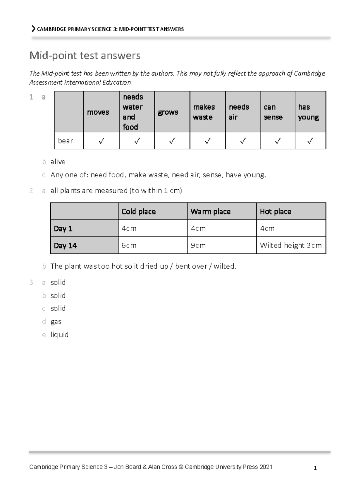 P Science 3 mid-point Answers - CAMBRIDGE PRIMARY SCIENCE 3: MID-POINT ...