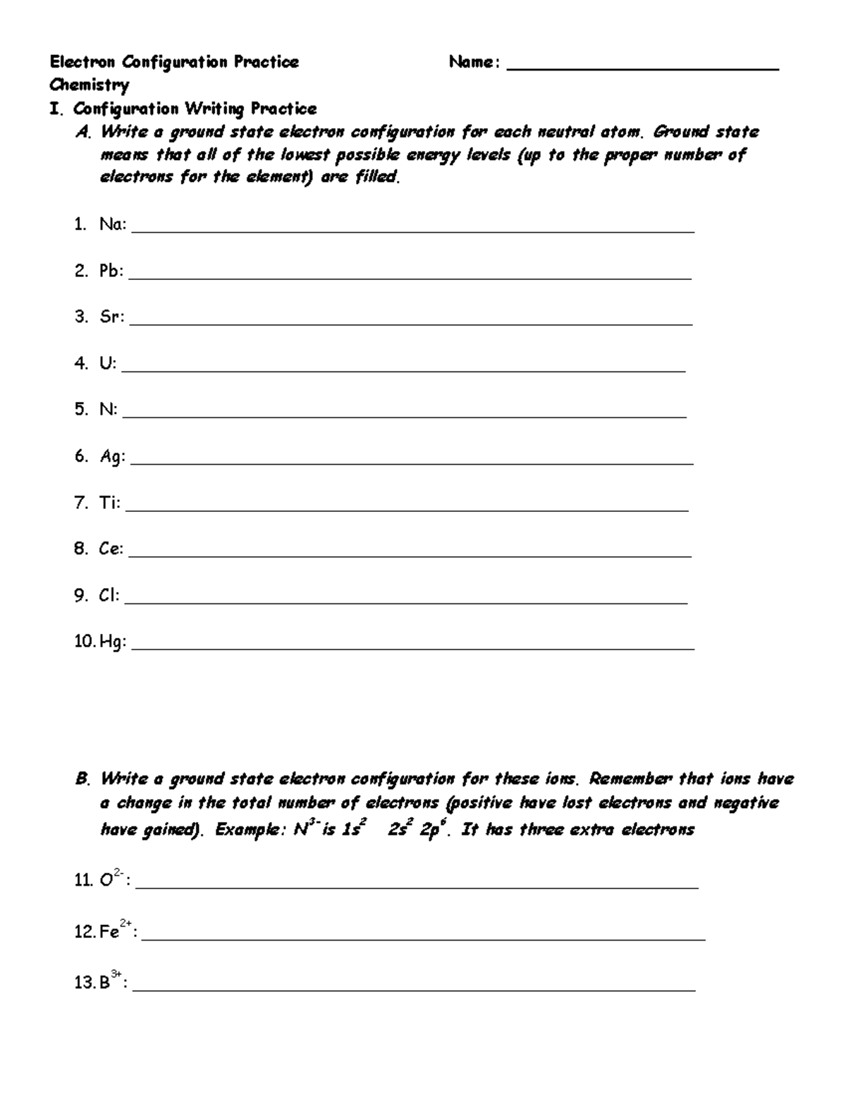 Electron Configuration Practice - Chemistry I. Configuration Writing ...