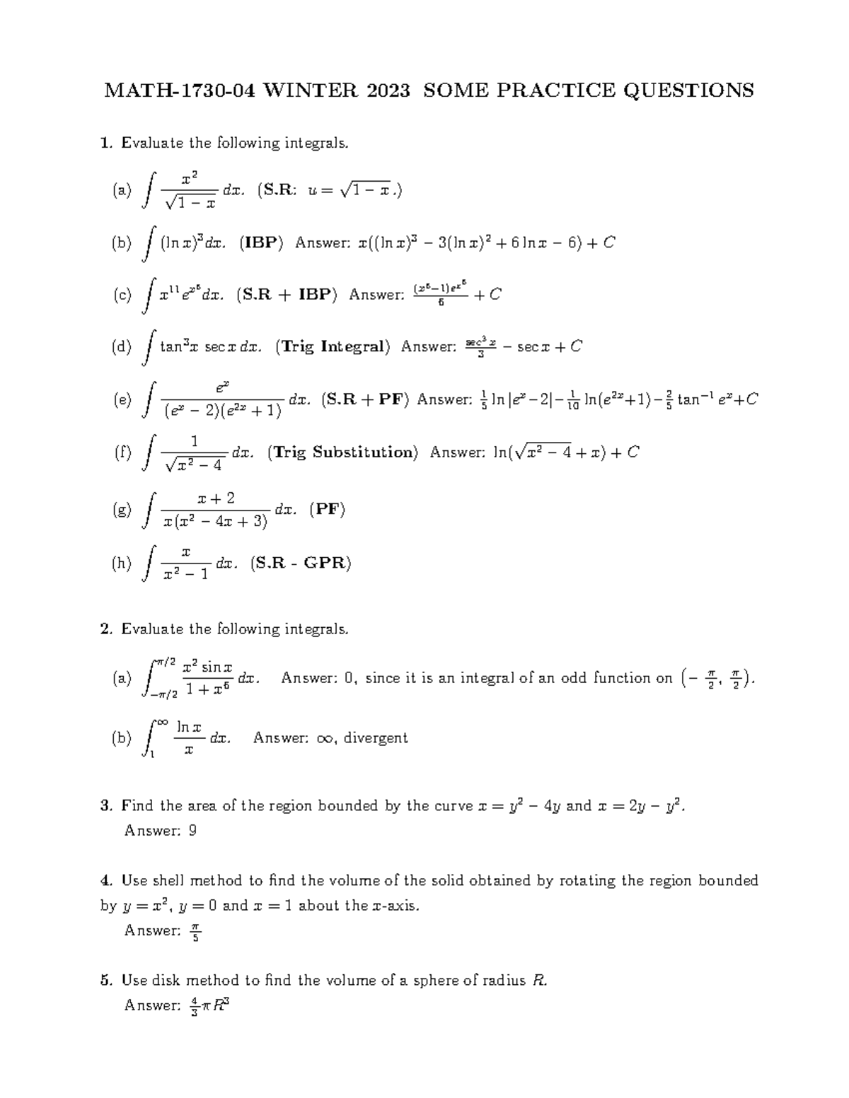2023-1730-Some Practice Questions - MATH-1730-04 WINTER 2023 SOME ...