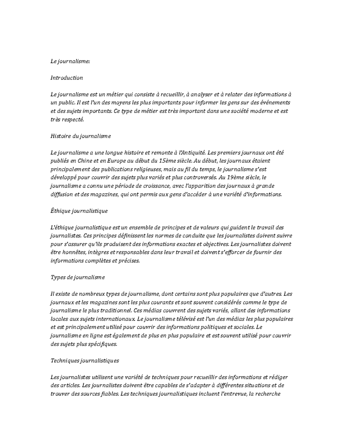 Journalism note study - Le journalisme: Introduction Le journalisme est ...