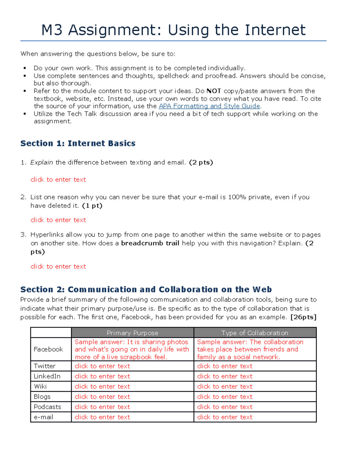 M3 internet - M3 assignment - M3 Assignment: Using the Internet When answering the questions ...