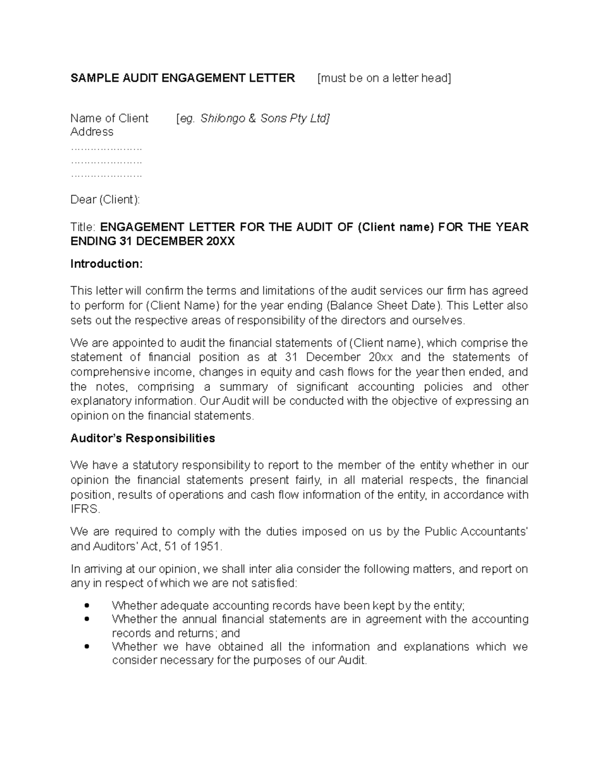 Sample Audit Engagement Letter - SAMPLE AUDIT ENGAGEMENT LETTER [must ...