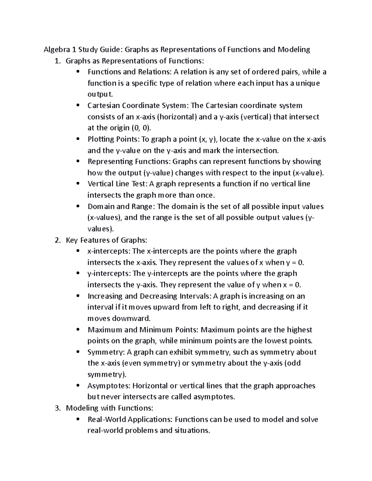 Algebra 1 Study Guide: Graphs as Representations of Functions and ...