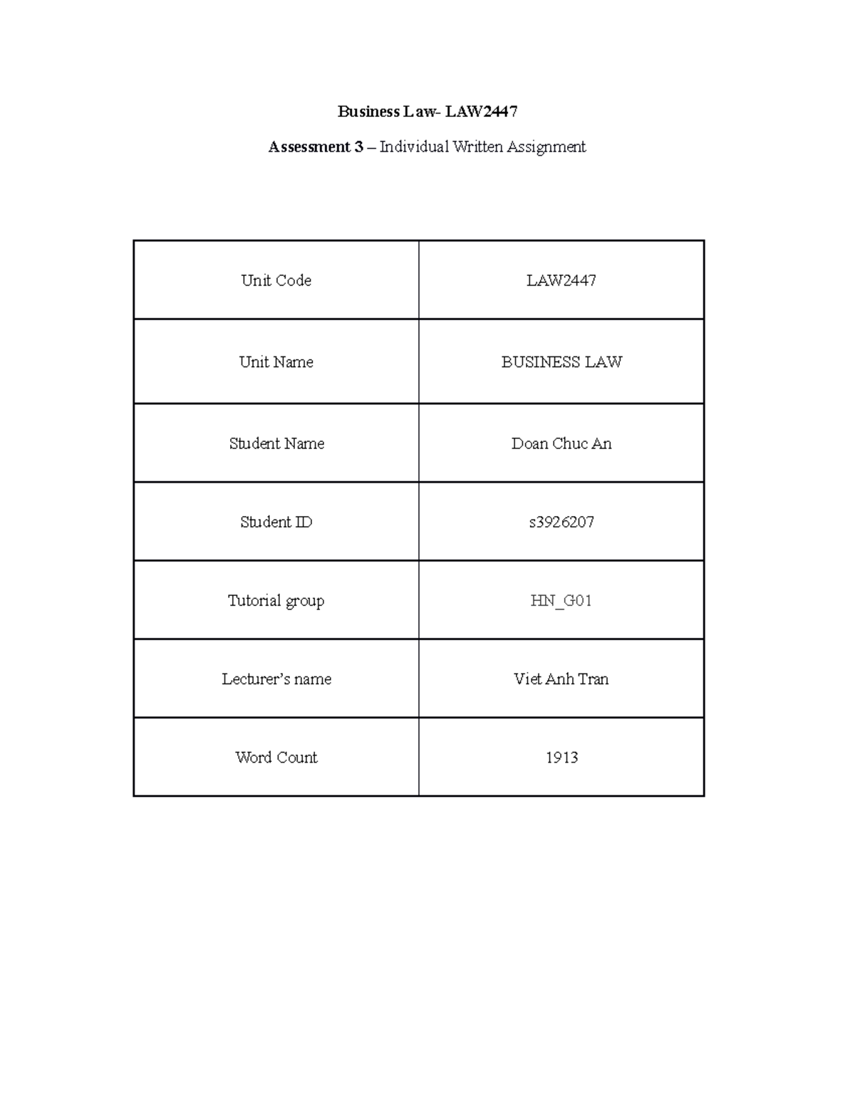 Assignment 3 LAW2447 2022 - Business Law- LAW Assessment 3 – Individual Written Assignment Unit ...