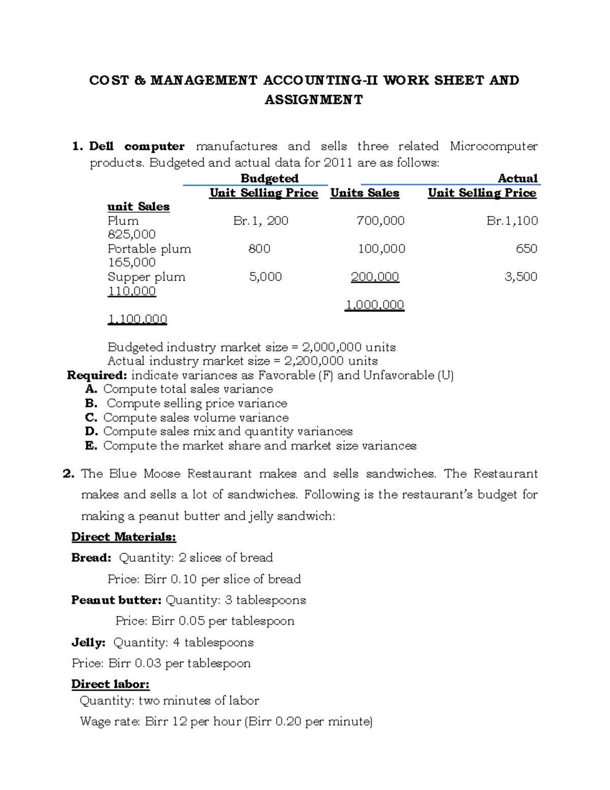 Cost II Assignment - COST & MANAGEMENT ACCOUNTING-II WORK SHEET AND ...