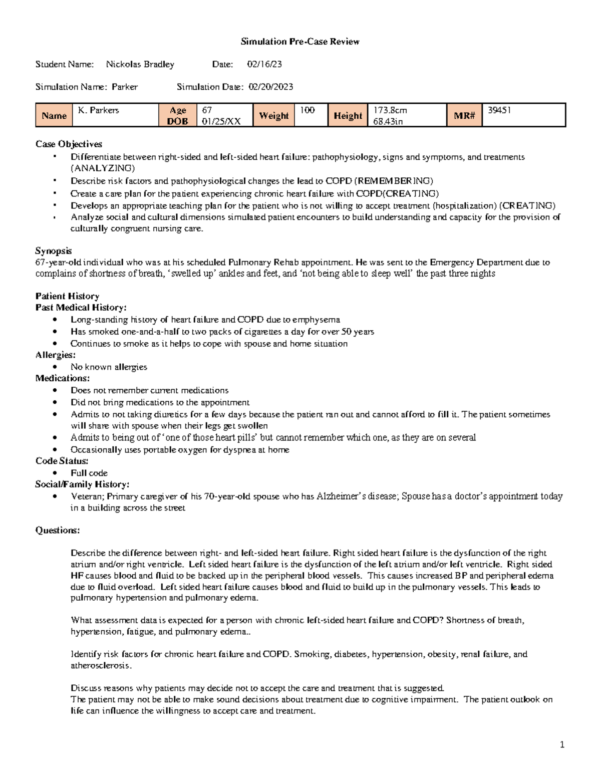 Parker simulation - Parkers Age DOB 67 01/25/XX Weight 100 Height 173 ...