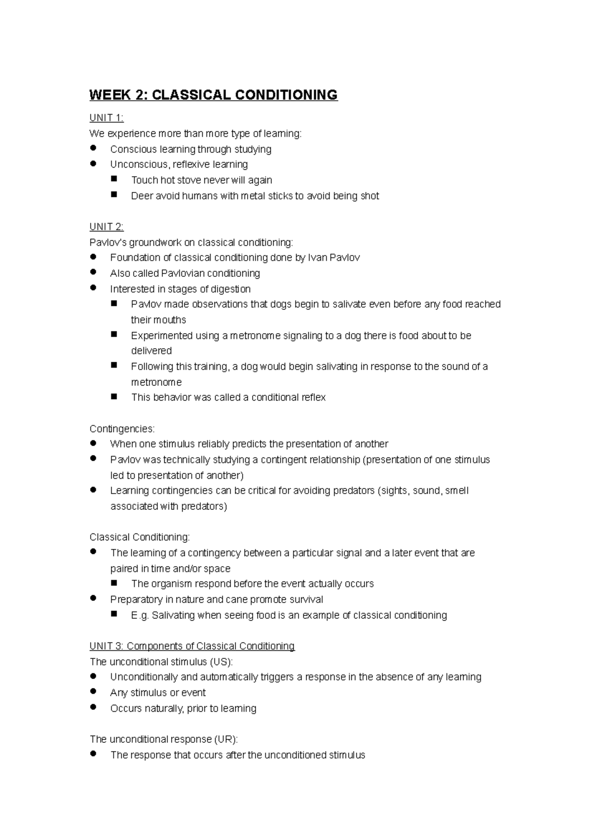 WEEK 2 - Professor: Michelle Cadieux - WEEK 2: CLASSICAL CONDITIONING ...
