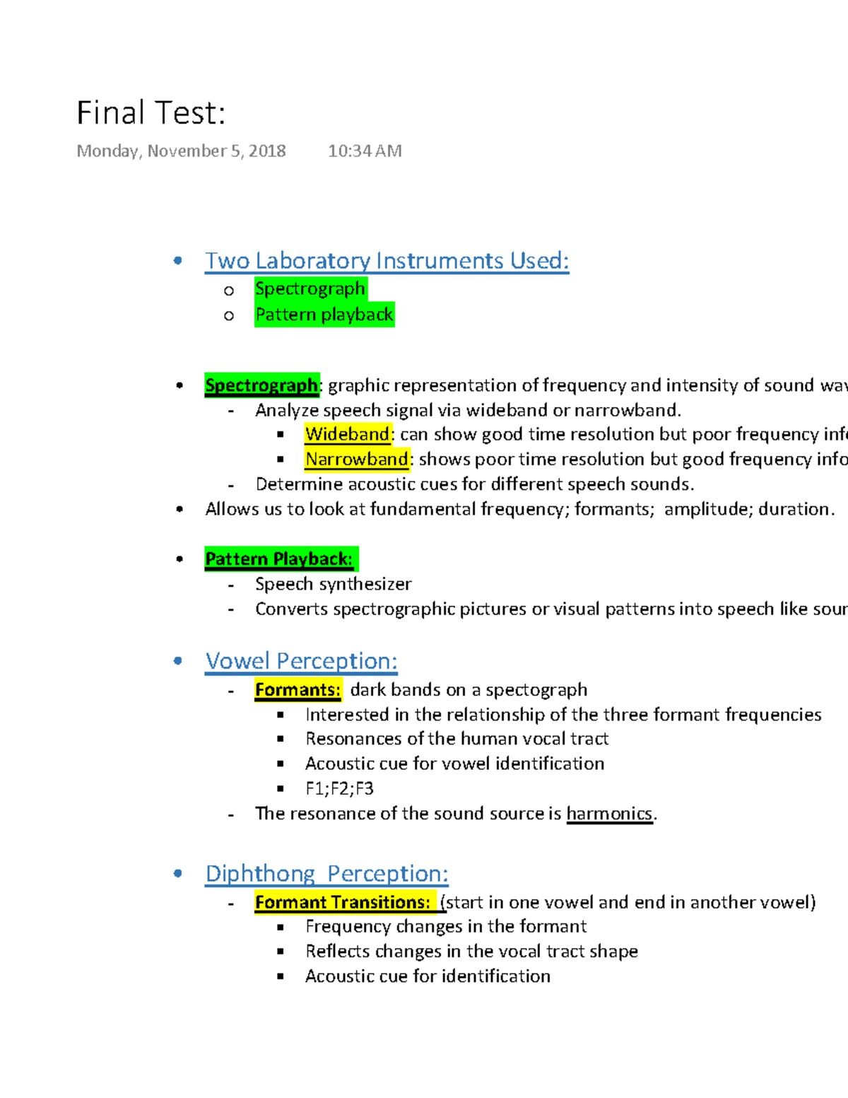 Speech perception chapter final test - Final Test: Monday, November 5 ...