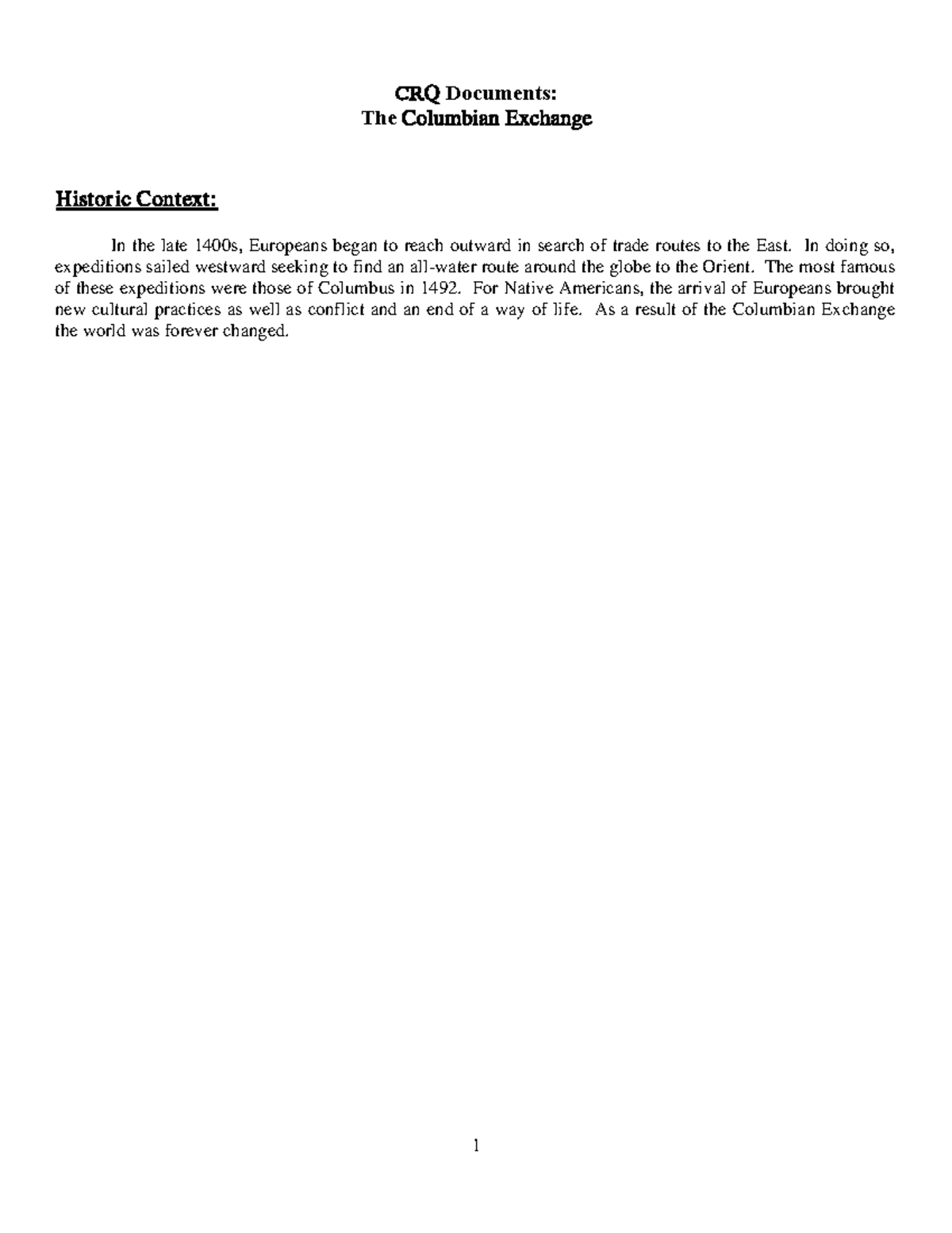 Columbian Exchange CRQ - 1 CRQ Documents: The Columbian Exchange Histor ...