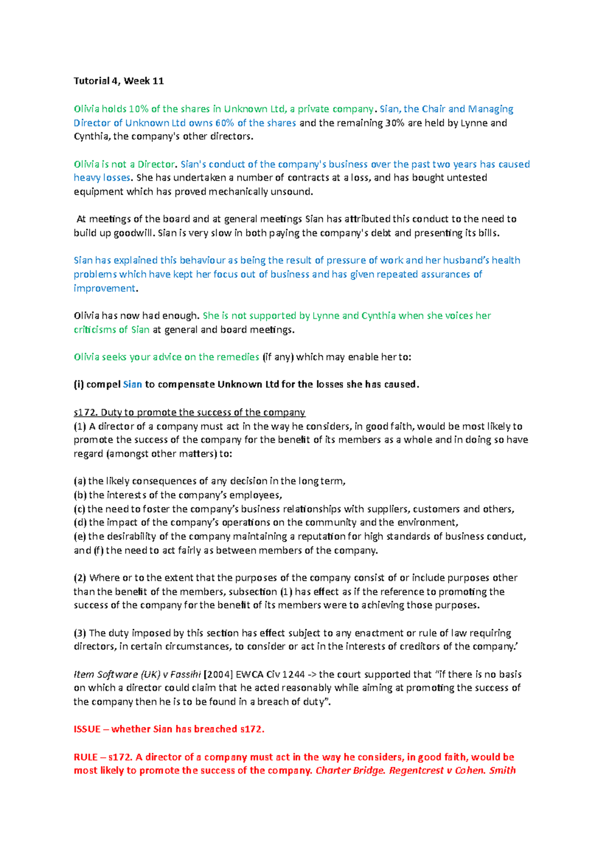 Tutorial 4, Week 11 - Tutorial 4, Week 11 Olivia holds 10% of the ...