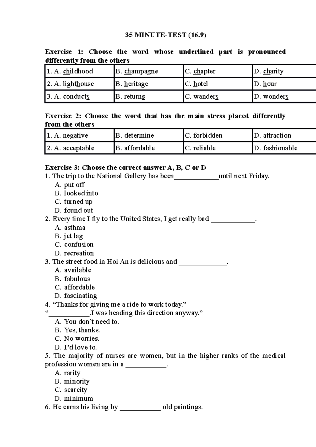 35 Minutes TEST (16 - 9th grade - 35 MINUTE-TEST (16) Exercise 1 ...
