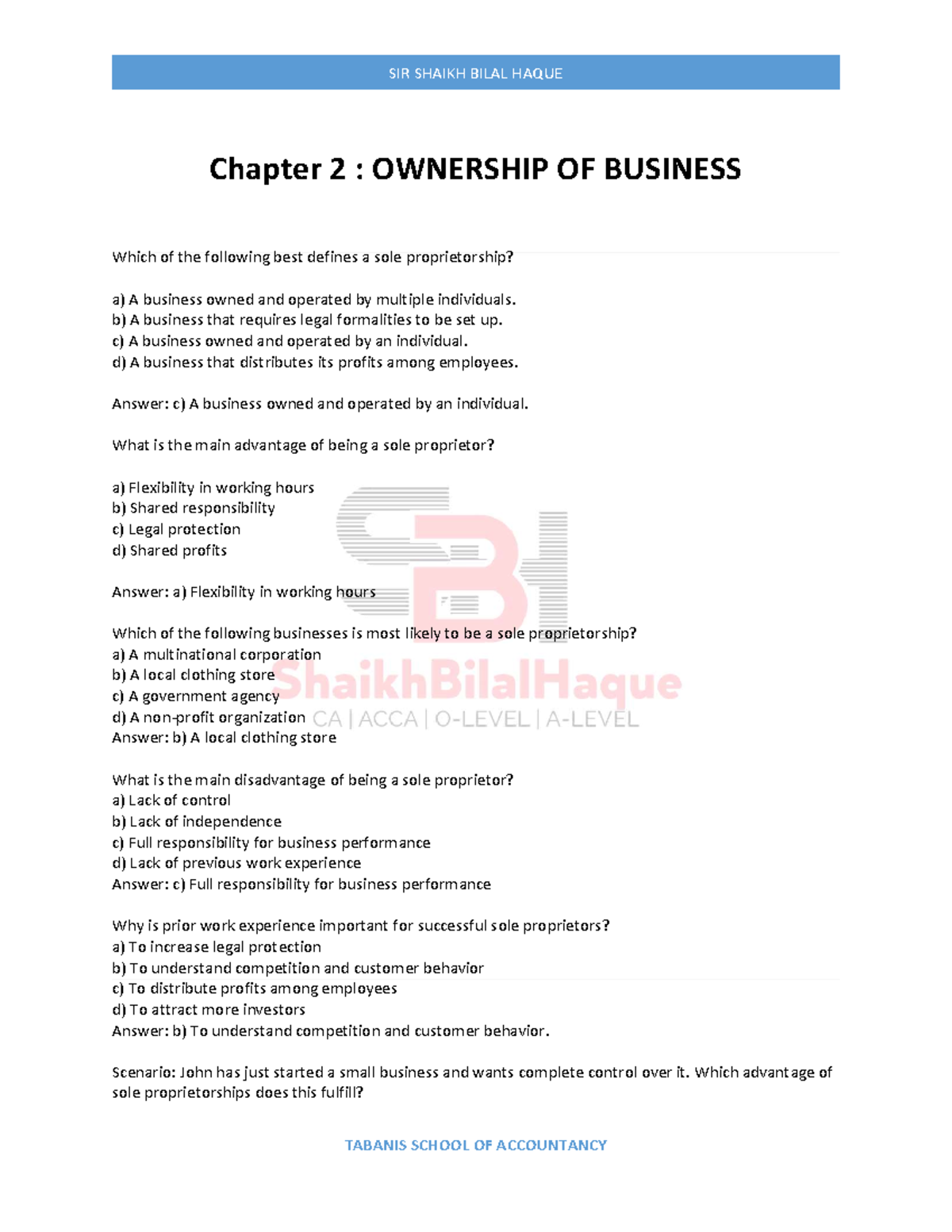 Scenorio based mcqs - CHAPTER 2's PRACTICE QUESTION OF PRC 5 INTRODUCTION TO BUSINESS A SUBJECT ...
