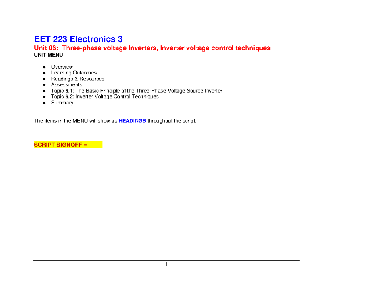 Three phase Inverters - Lecture notes 7 - EET 223 Electronics 3 Unit 06 ...