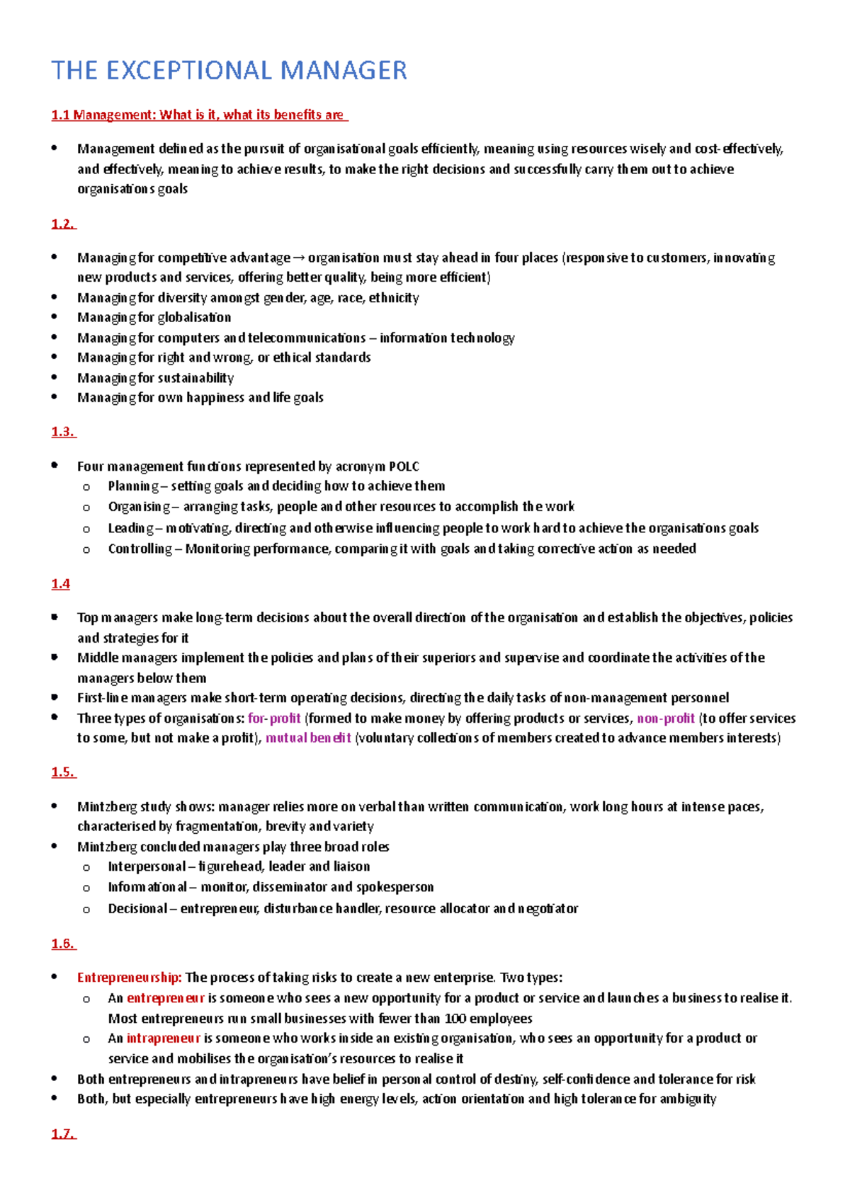 Management Cheat Sheets - THE EXCEPTIONAL MANAGER 1 Management: What is ...
