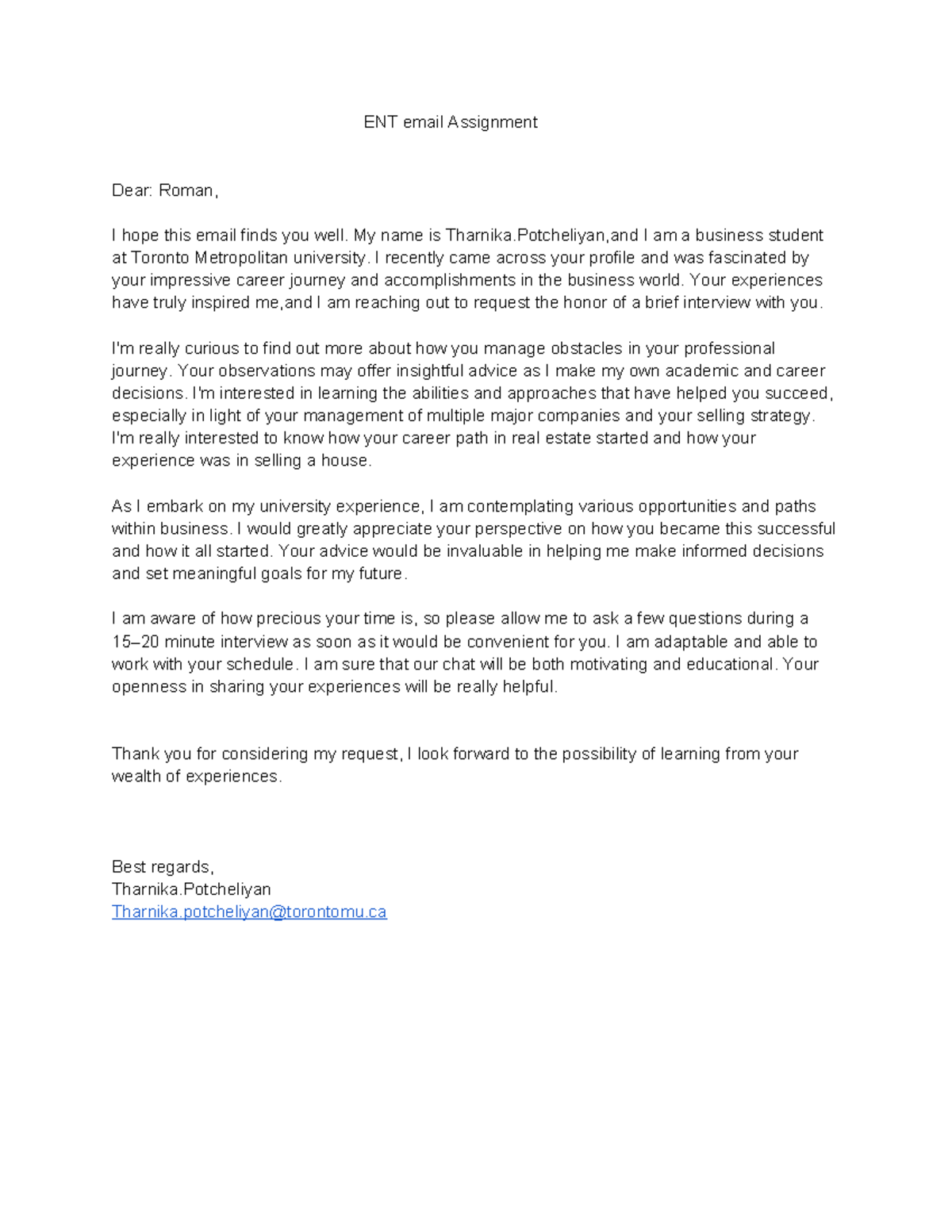 ENT email assignment - notes - ENT email Assignment Dear: Roman, I hope ...