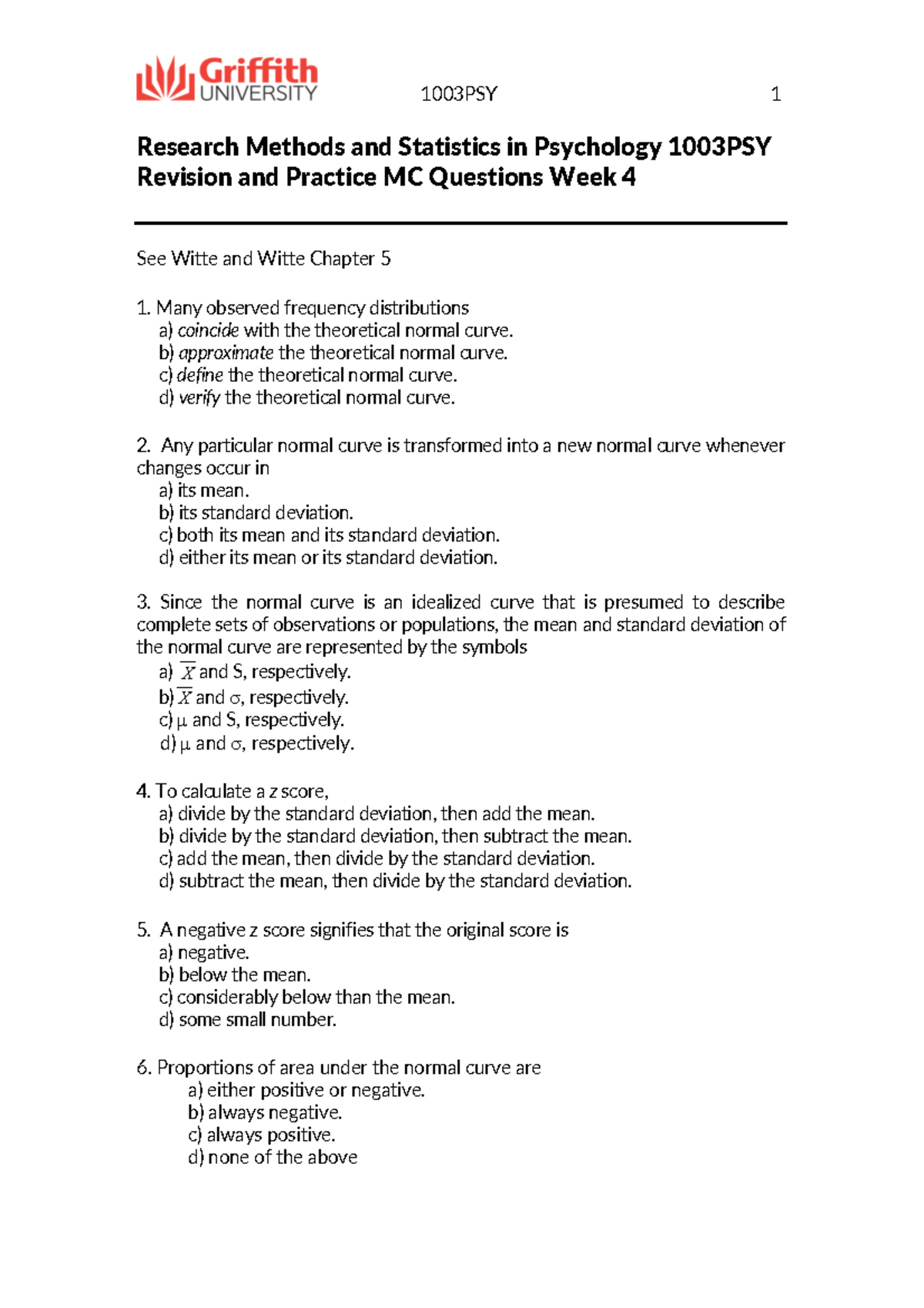 Week 4 1003PSY - Revision and Practice Questions - Research Methods and ...