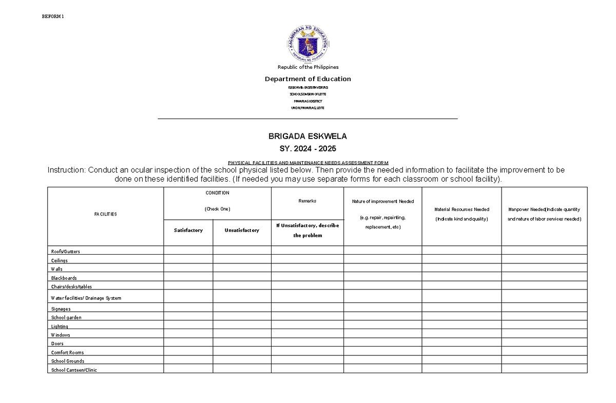 Brigada Eskwela FORM 1 - Republic of the Philippines Department of ...