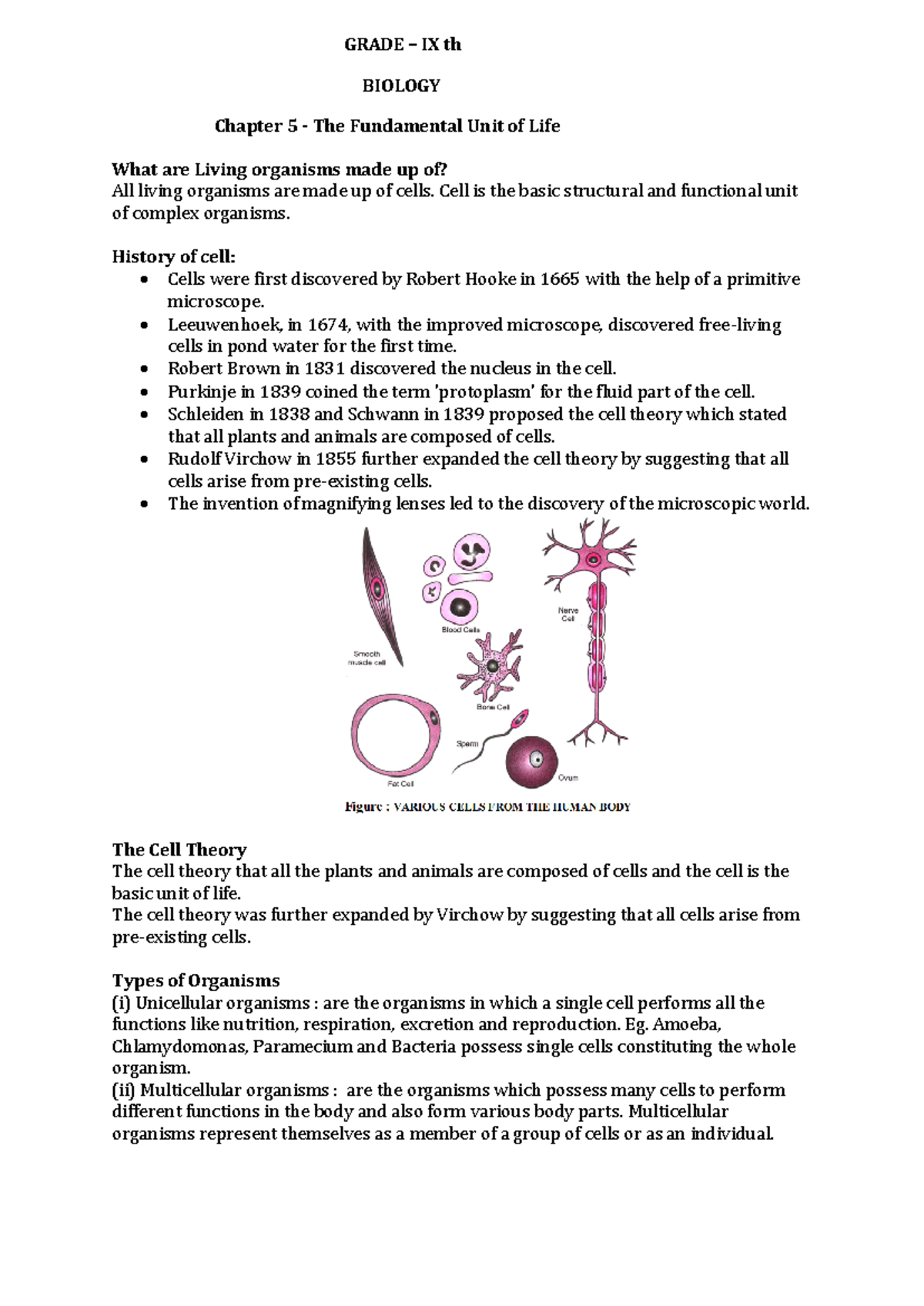 Notes on Cell, Biology - GRADE – IX th BIOLOGY Chapter 5 - The ...