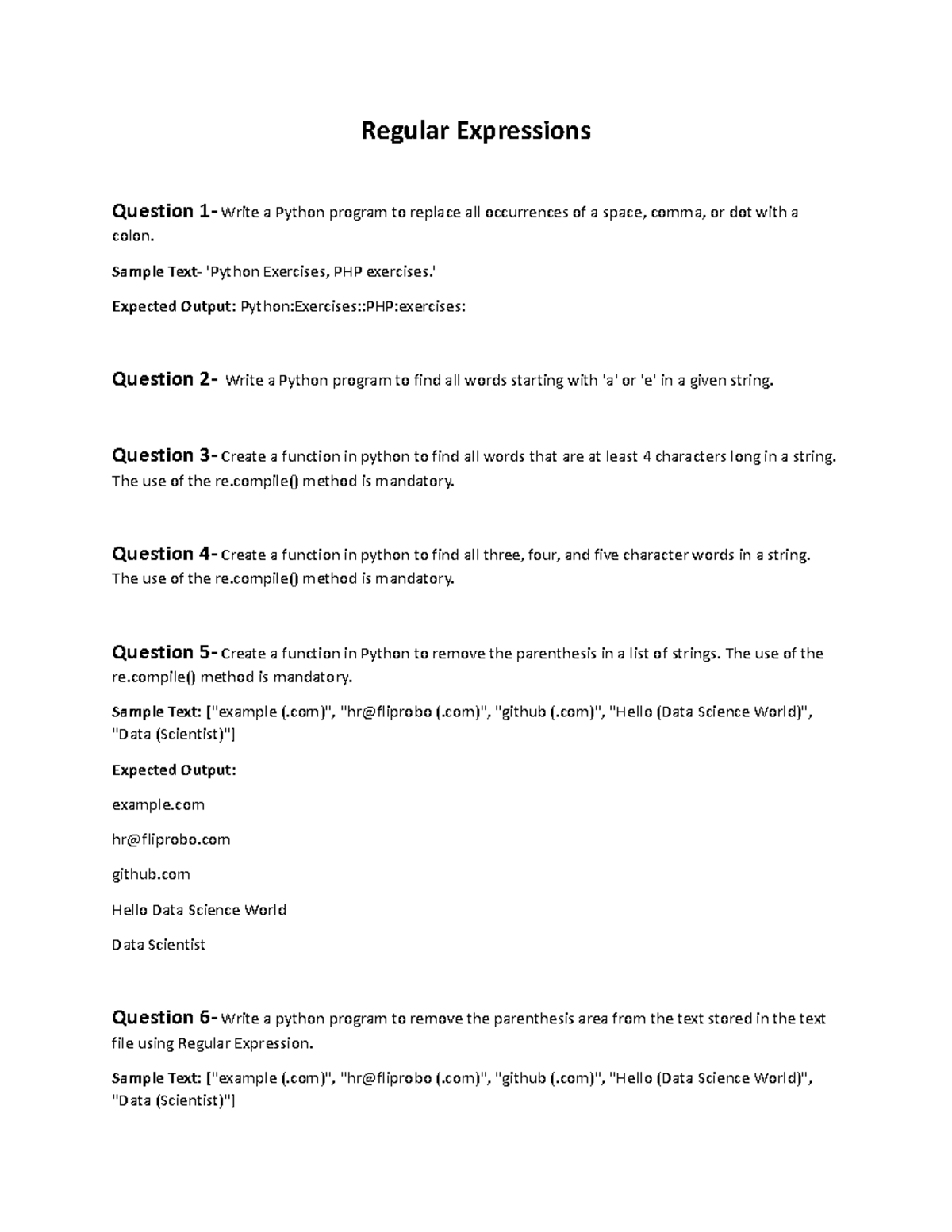Regular Expressions Assignment Regular Expressions Question 1 Write