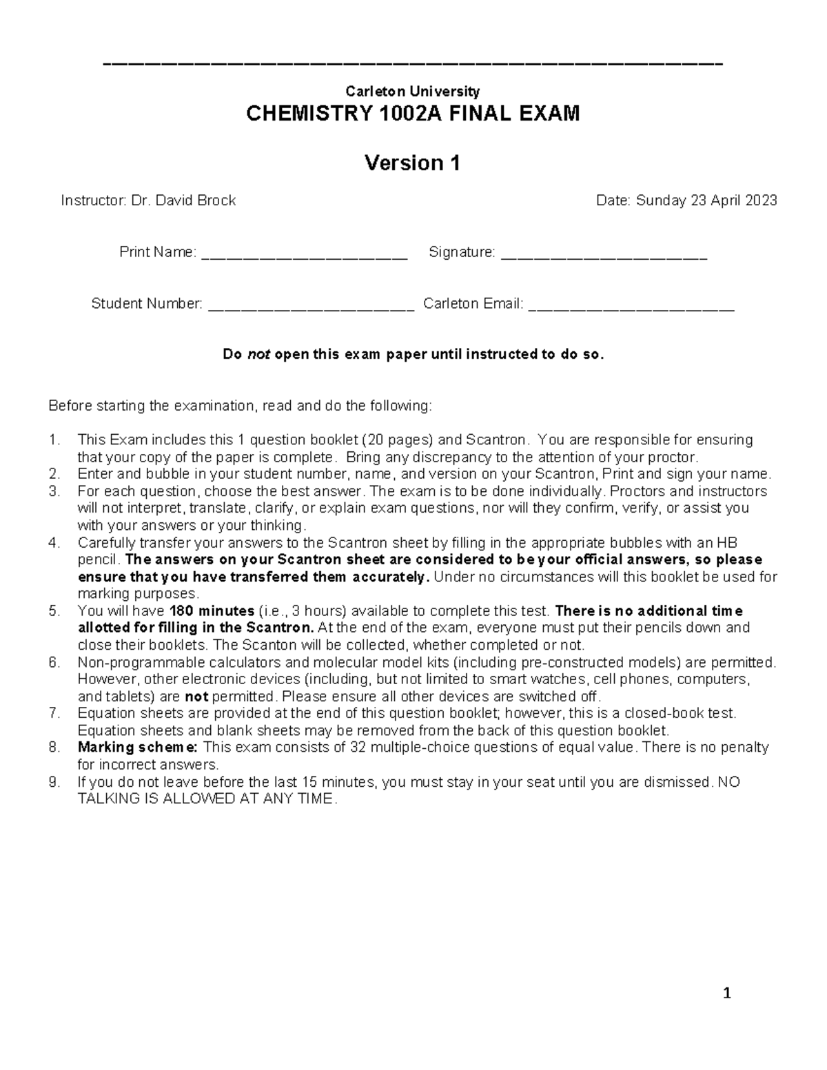 CHEM 1002 2023 Exam Version 1 - Carleton University CHEMISTRY 1002A ...