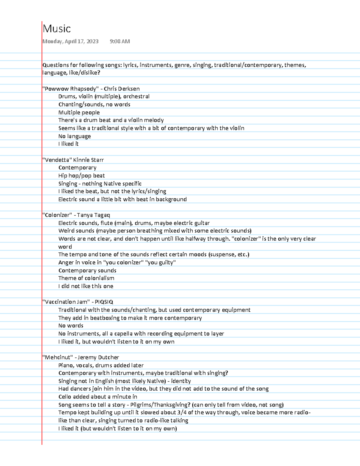 Music Unit - Questions for following songs: lyrics, instruments, genre ...