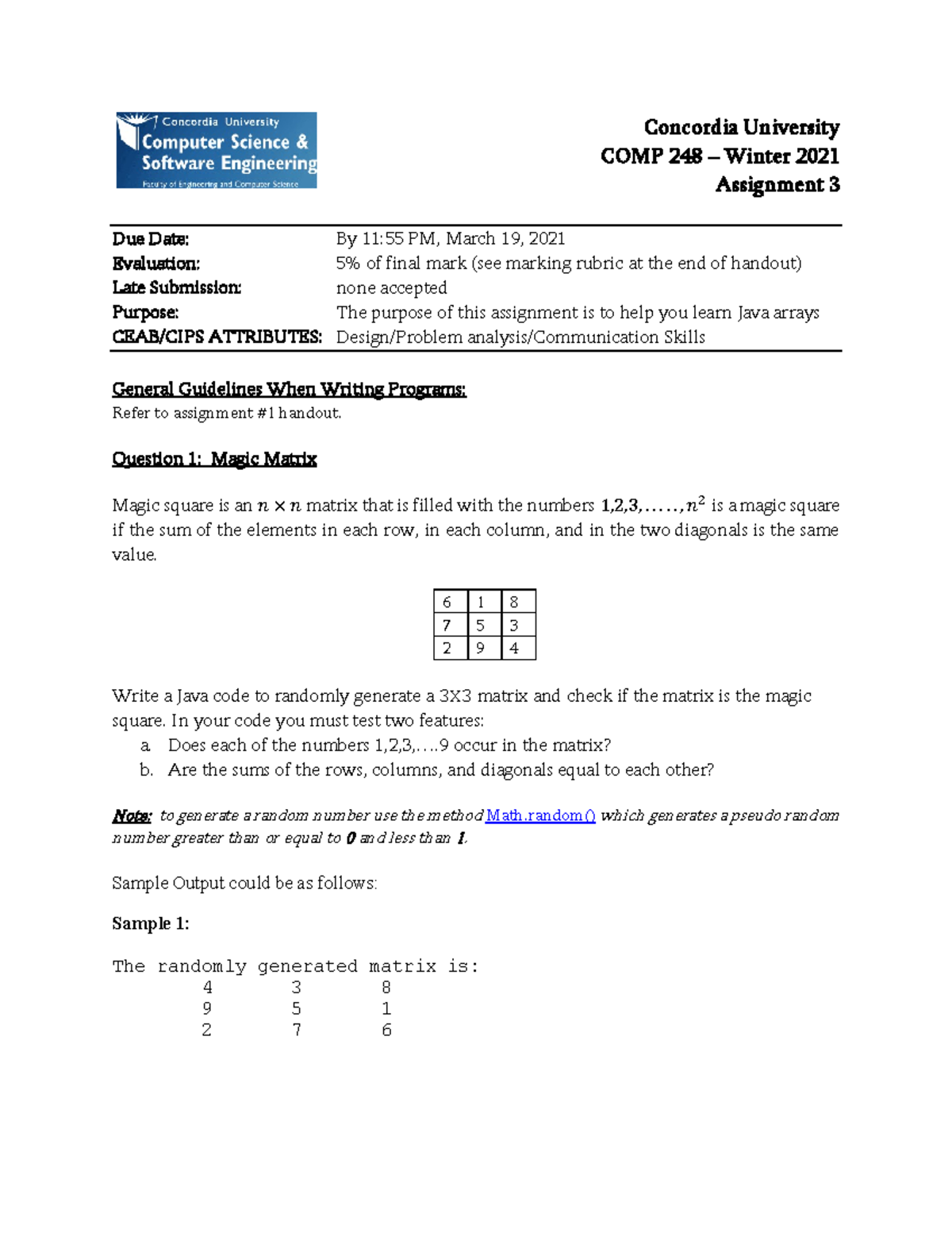 COMP248 A32020-21 - Concordia University COMP 248 – Winter 2021 ...