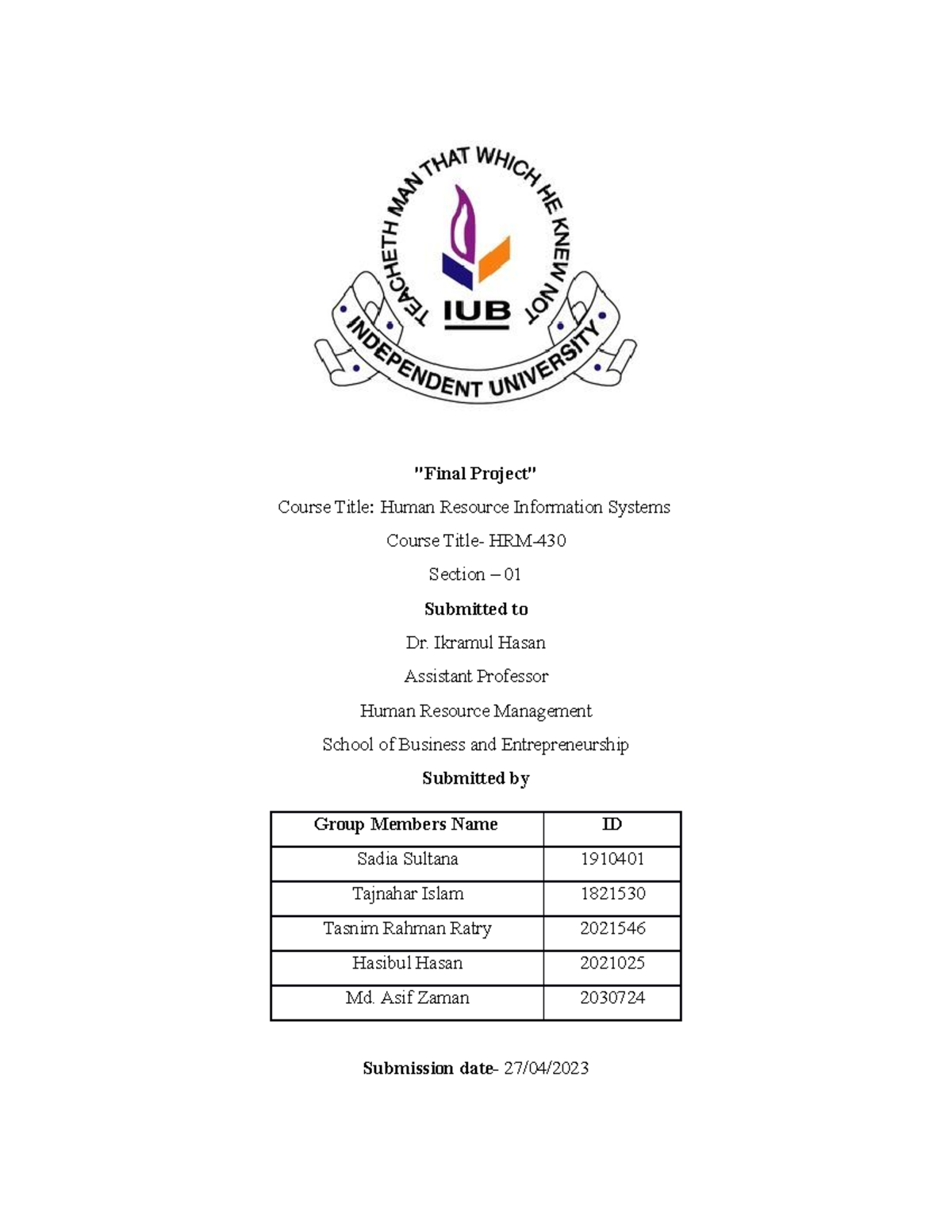 HRM430 Final Project - assignment - "Final Project" Course Title: Human ...