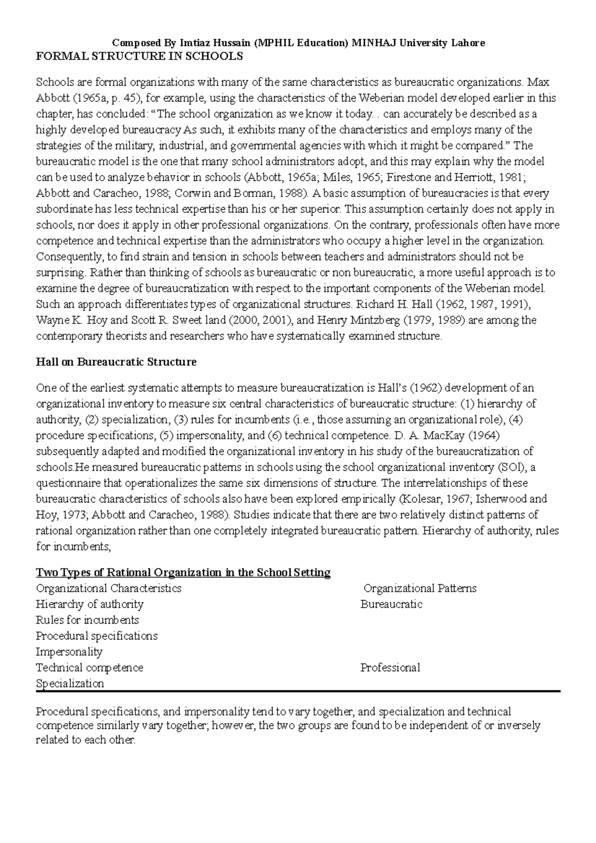 Formal Structure in Schools - FORMAL STRUCTURE IN SCHOOLS Schools are ...